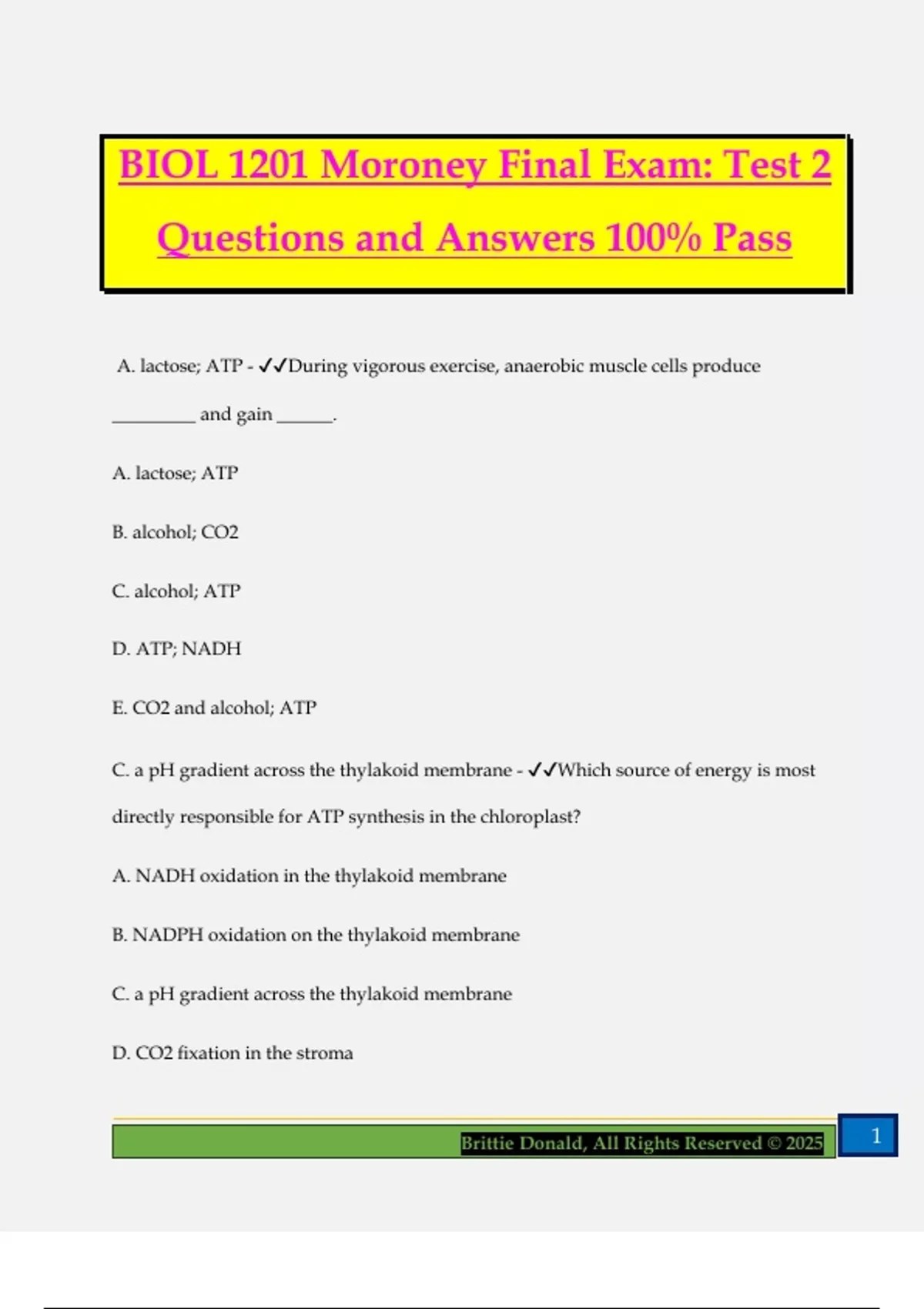 Biol 1201 Moroney Final Exam Test 2 Questions And Answers 100 Pass