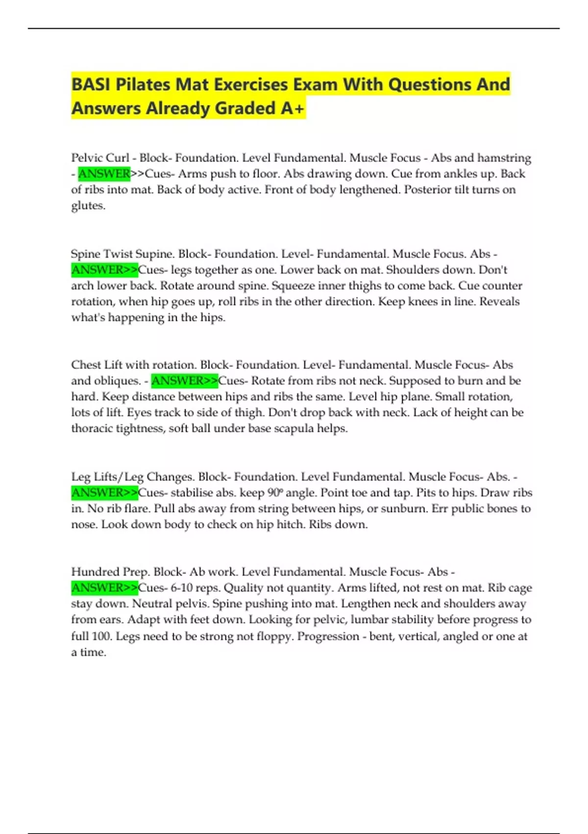 BASI Pilates Mat Exercises Exam With Questions And Answers Already ...