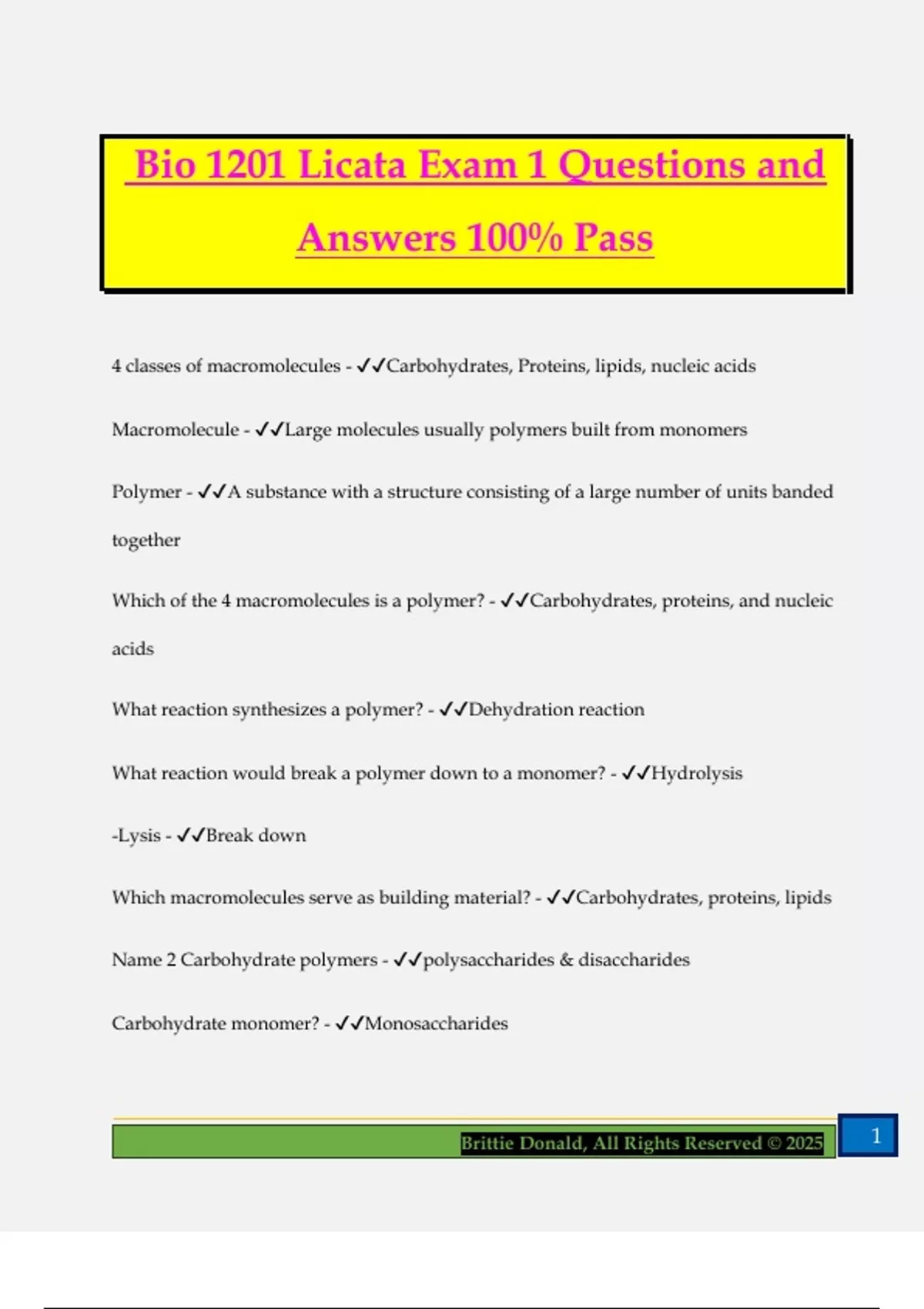 Bio 1201 Licata Exam 1 Questions And Answers 100 Pass Bio 1201
