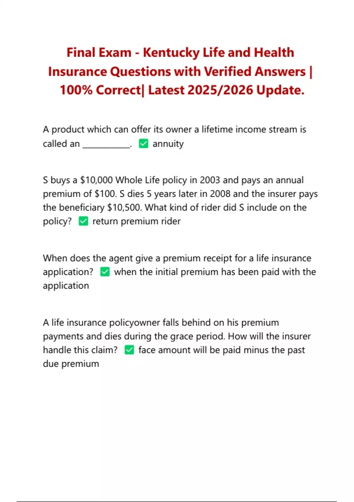 Final Exam - Kentucky Life and Health Insurance Questions with Verified ...