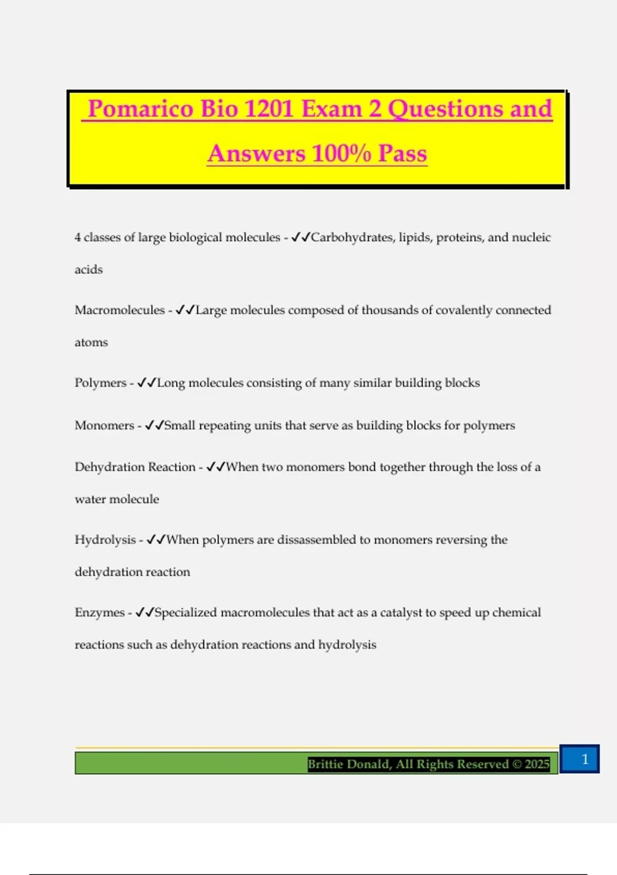 Pomarico Bio 1201 Exam 2 Questions and Answers 100% Pass - Bio 1201 ...