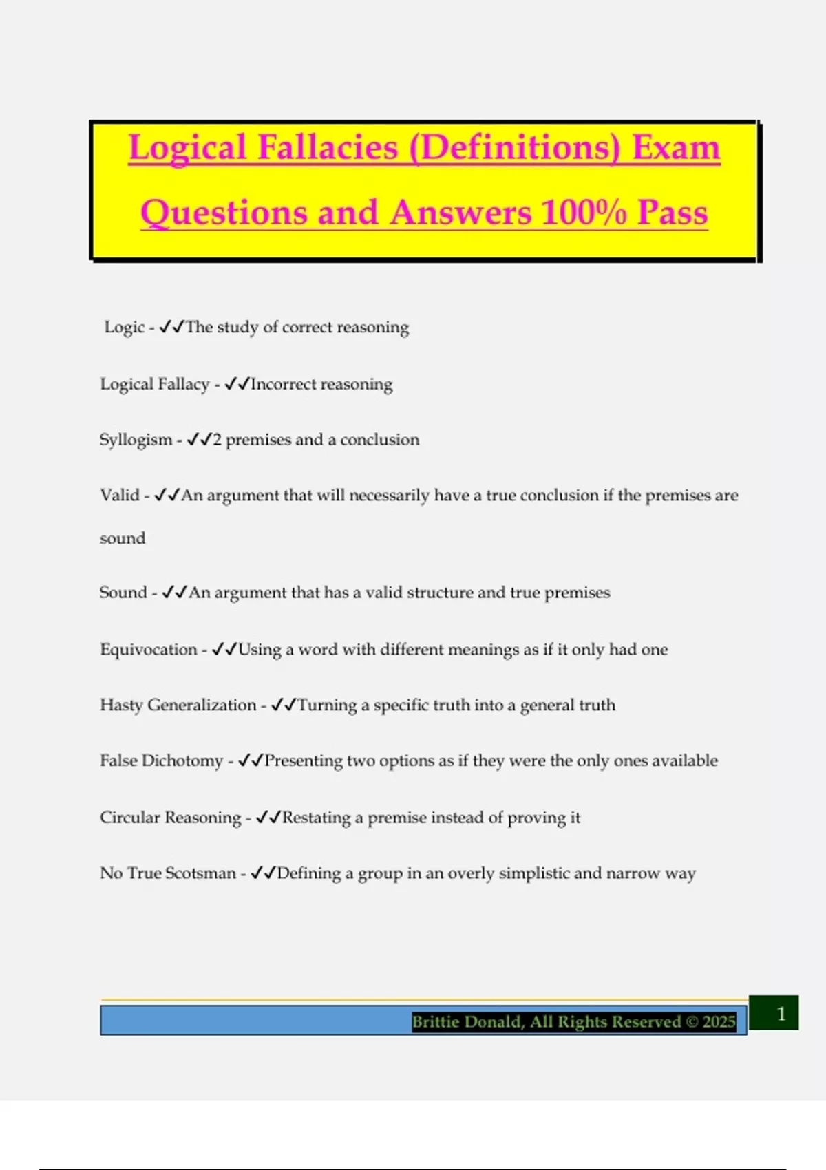 Logical Fallacies (Definitions) Exam Questions and Answers 100% Pass - Logical Fallacies - Stuvia US