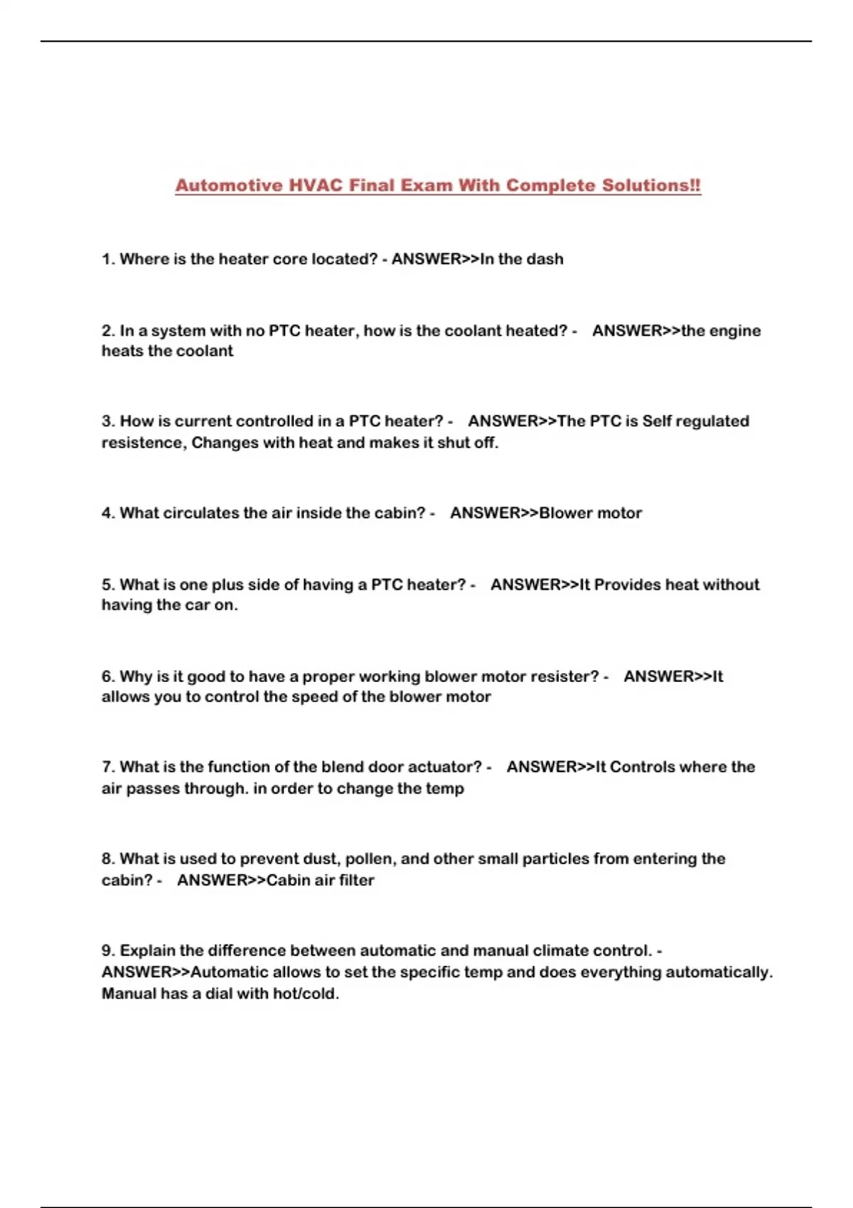 Automotive HVAC Final Exam With Complete Solutions!! - Automotive HVAC ...