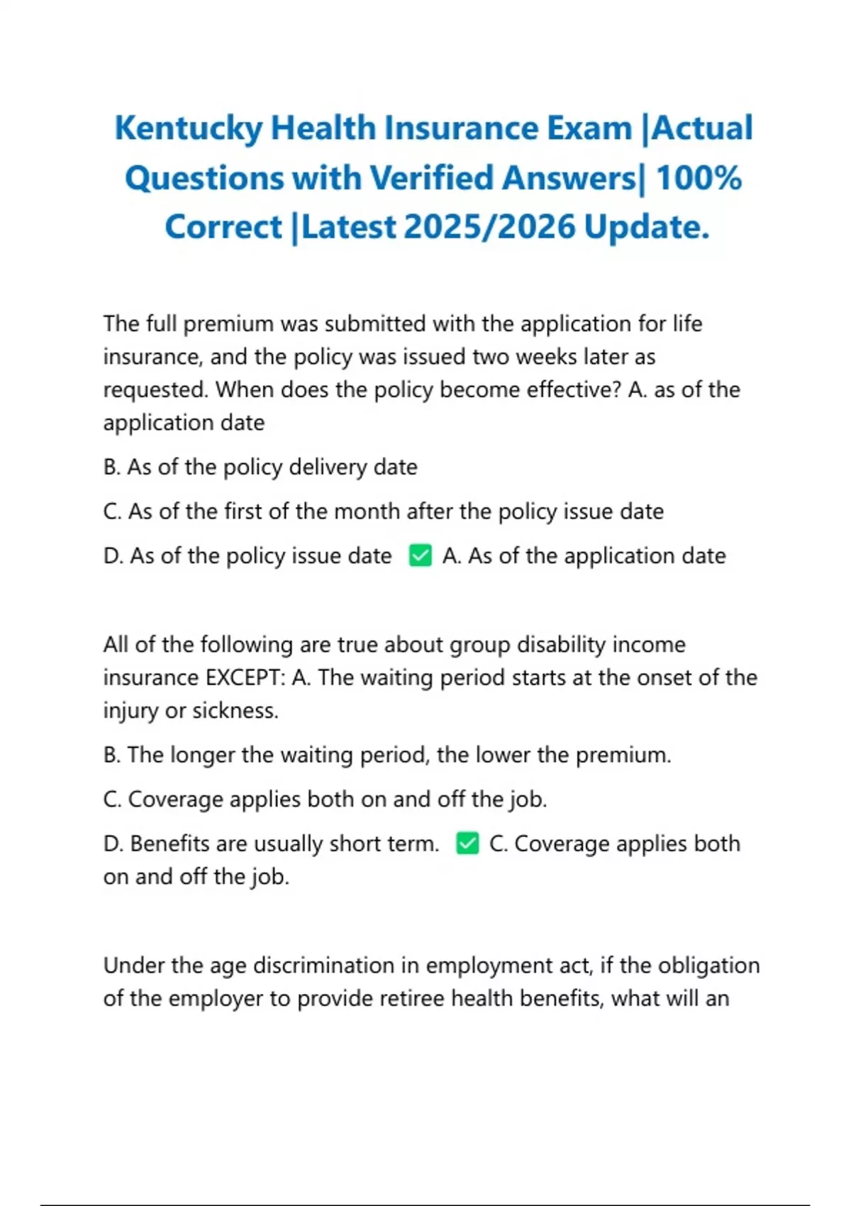 Kentucky Health Insurance Exam |Actual Questions with Verified Answers ...