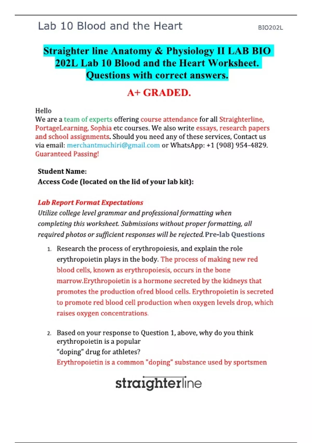 Straighter line Anatomy & Physiology II LAB BIO 202L Lab 10 Blood and ...