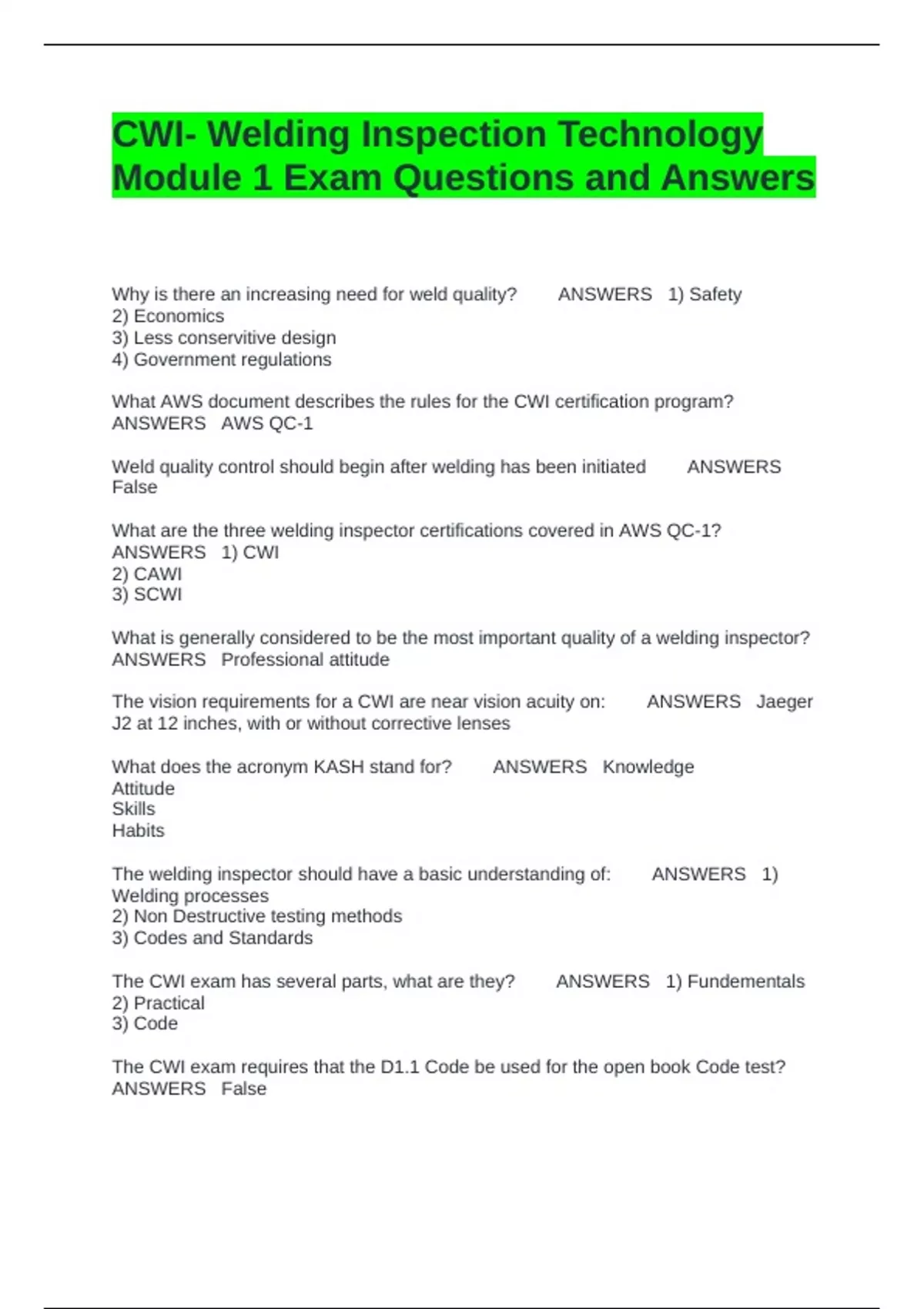 CWI- Welding Inspection Technology Module 1 Exam Questions and Answers ...