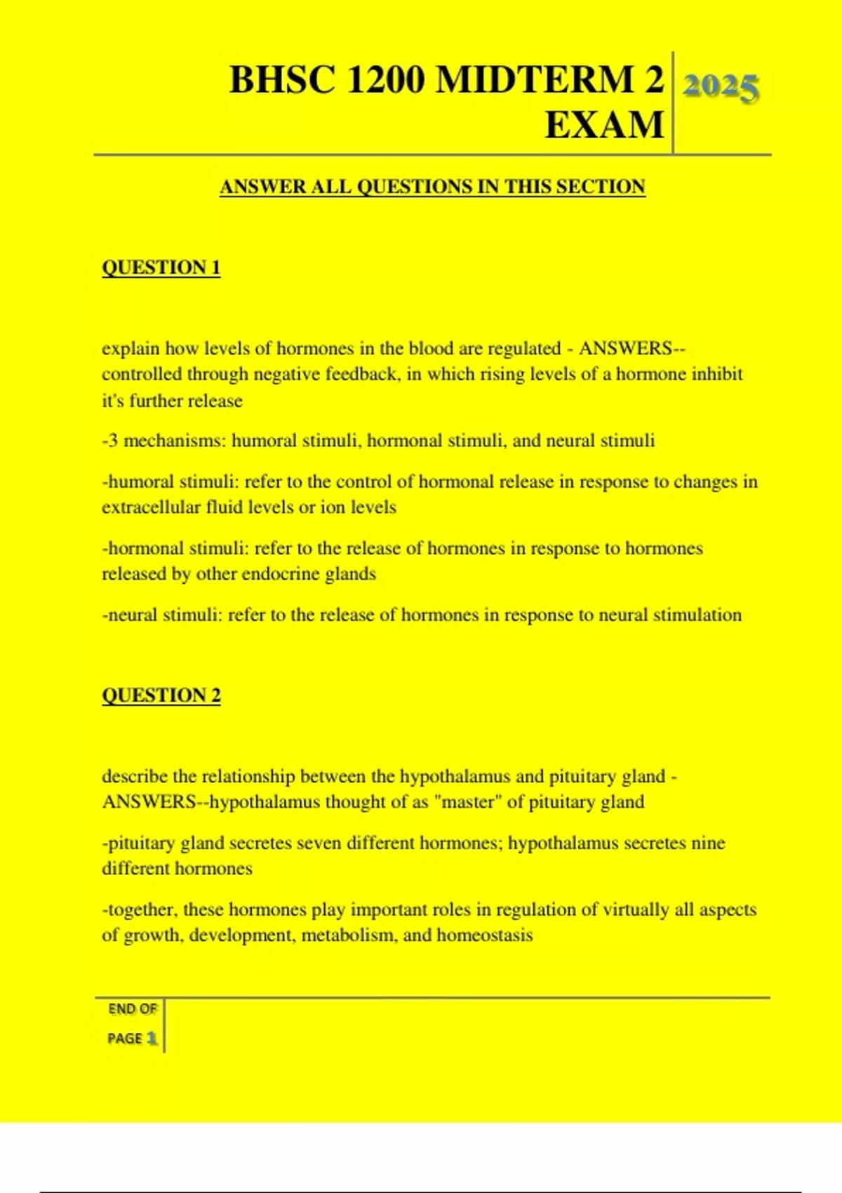 BHSC 1200 MIDTERM 2 EXAM QUESTIONS AND ANSWERS 2025 - BHSC 1200 - Stuvia US