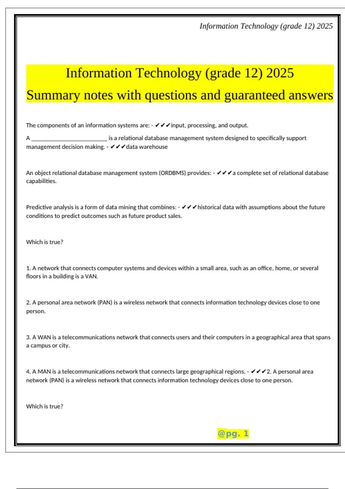 Information Technology (grade 12) 2025 Summary notes with questions and ...