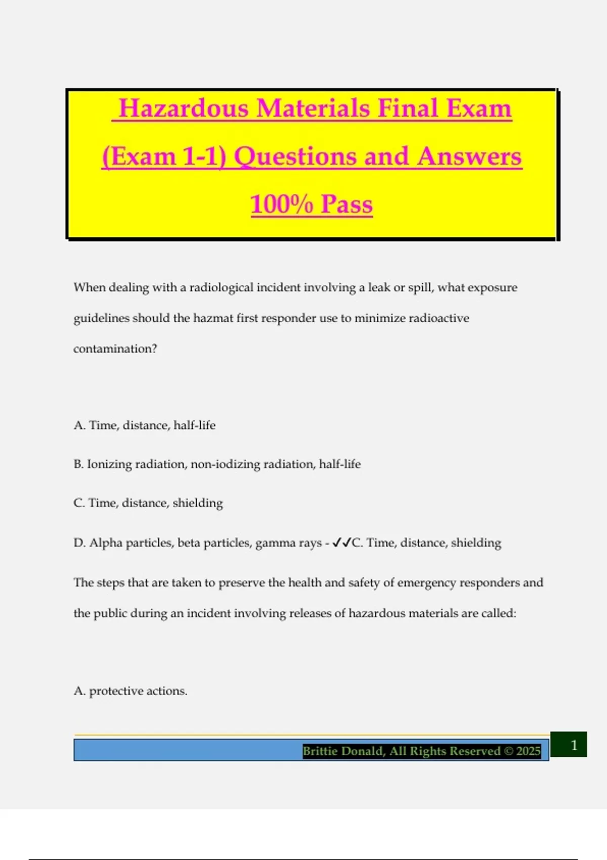 Hazardous Materials Final Exam (Exam 1-1) Questions and Answers 100% ...