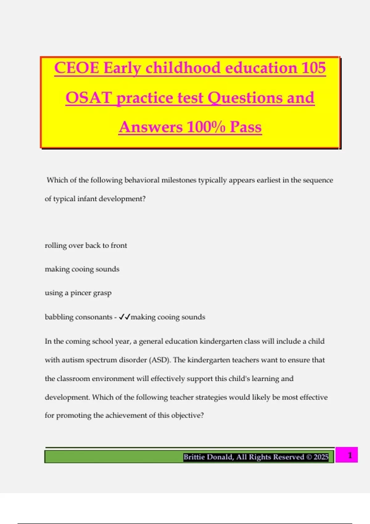 CEOE Early childhood education 105 OSAT practice test Questions and ...