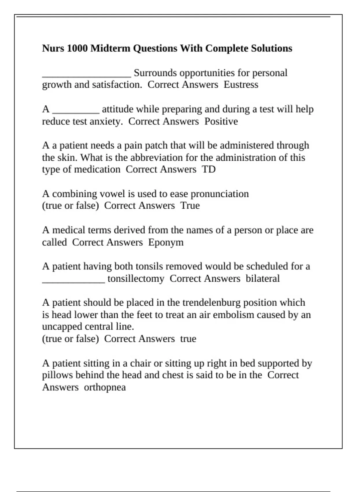 Nurs 1000 Midterm Questions With Complete Solutions - Nurs 1000 - Stuvia US