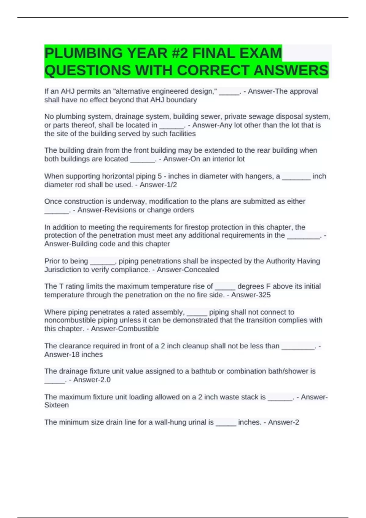 PLUMBING YEAR #2 FINAL EXAM QUESTIONS WITH CORRECT ANSWERS - Advance ...