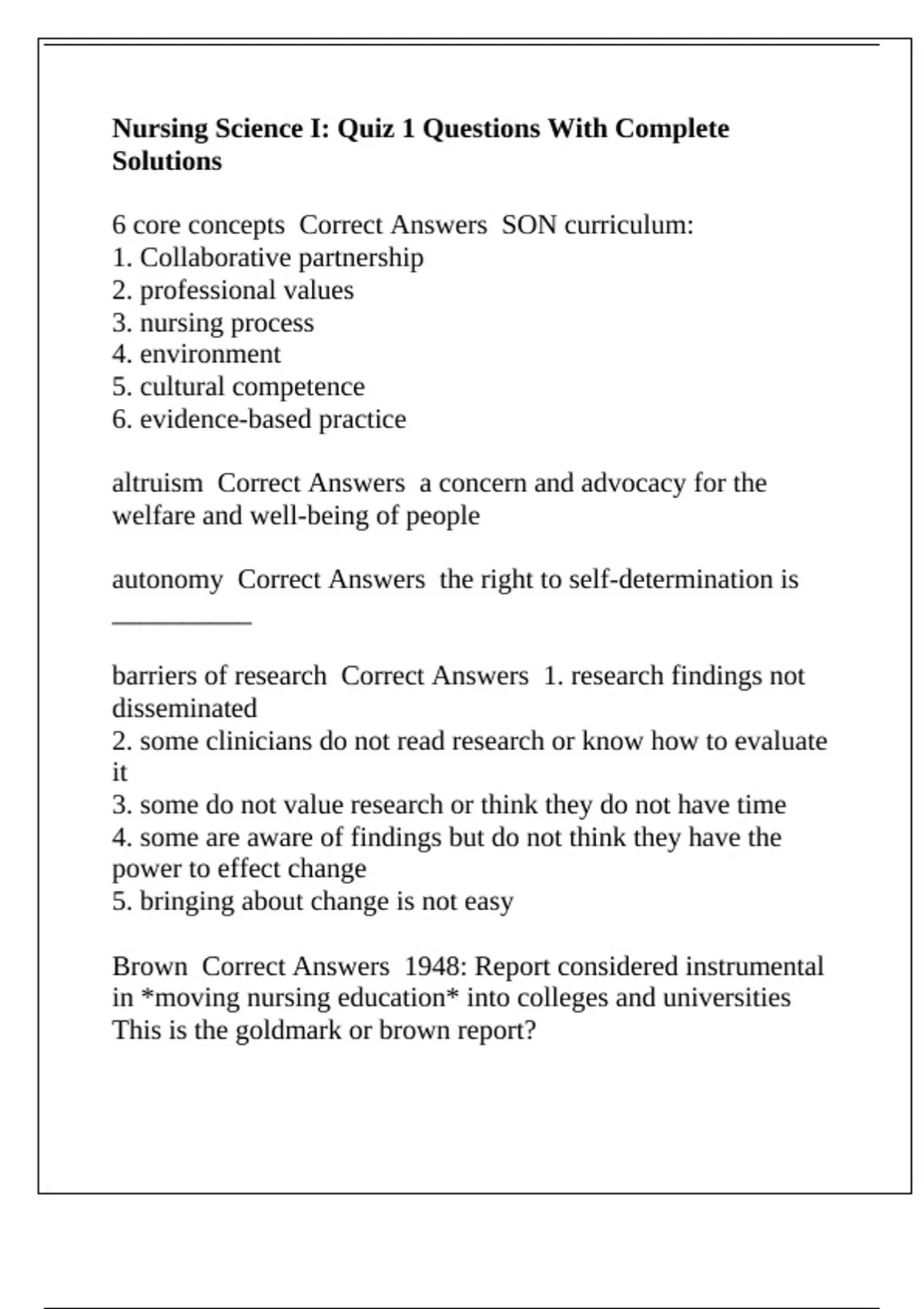 Nursing Science I: Quiz 1 Questions With Complete Solutions - Nursing ...