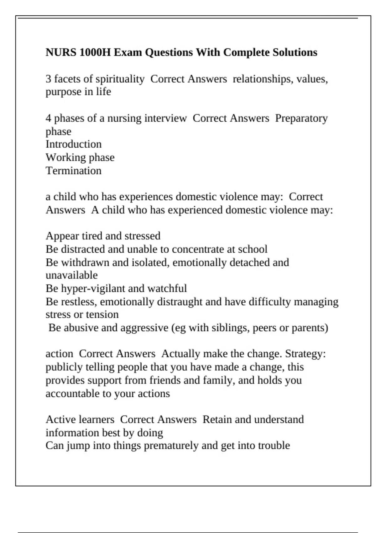 NURS 1000H Exam Questions With Complete Solutions - NURS 1000H - Stuvia US