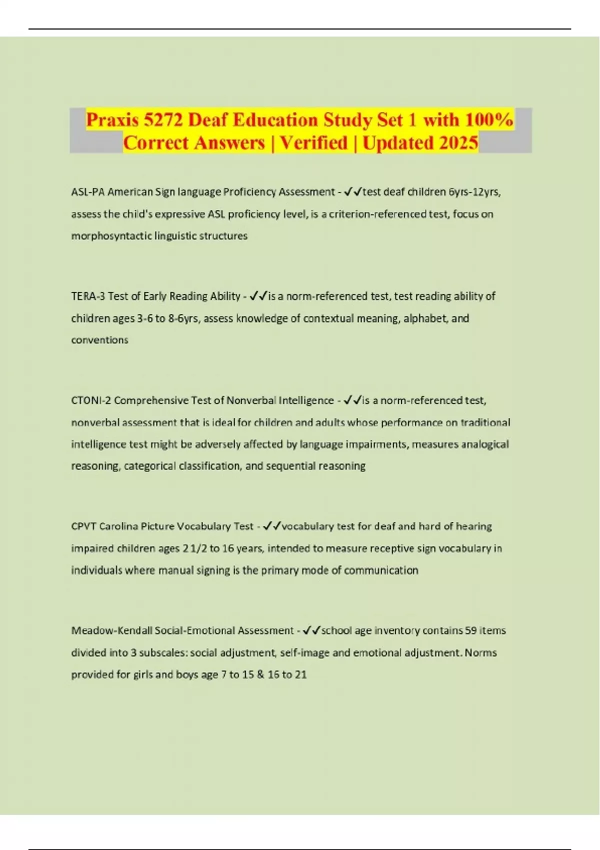 Praxis 5272 Deaf Education Study Set 1 with 100% Correct Answers | Verified | Updated 2025 ...