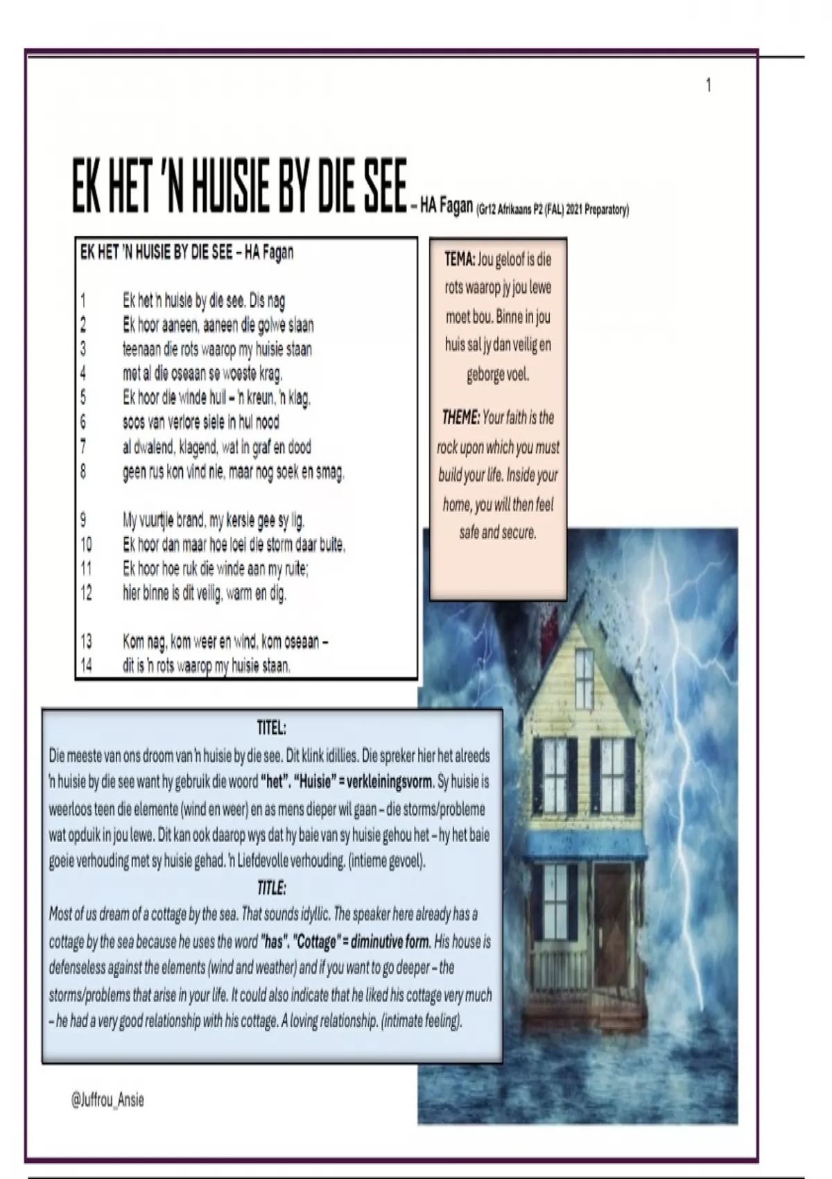 Summary EK HET ’N HUISIE BY DIE SEE – HA Fagan (Gr12 Afrikaans P2 (FAL ...