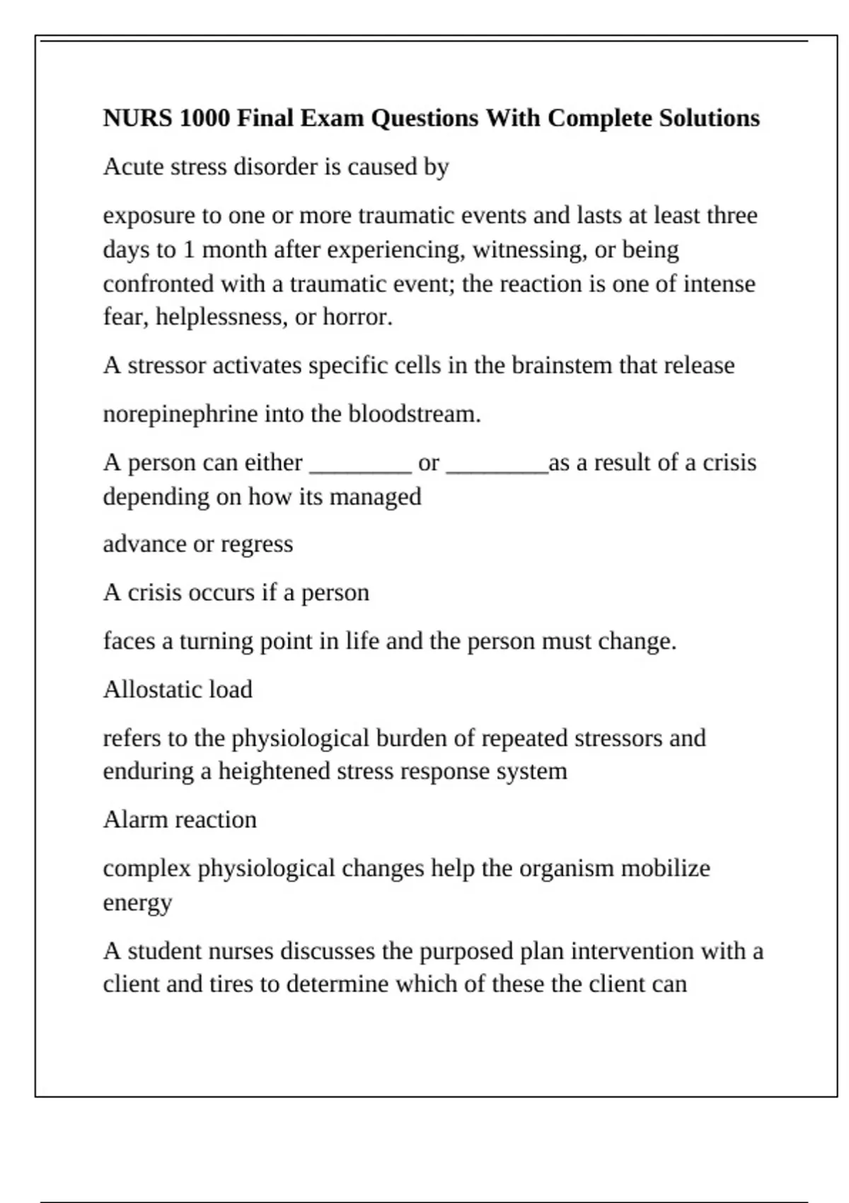 NURS 1000 Final Exam Questions With Complete Solutions - NURS 1000 ...
