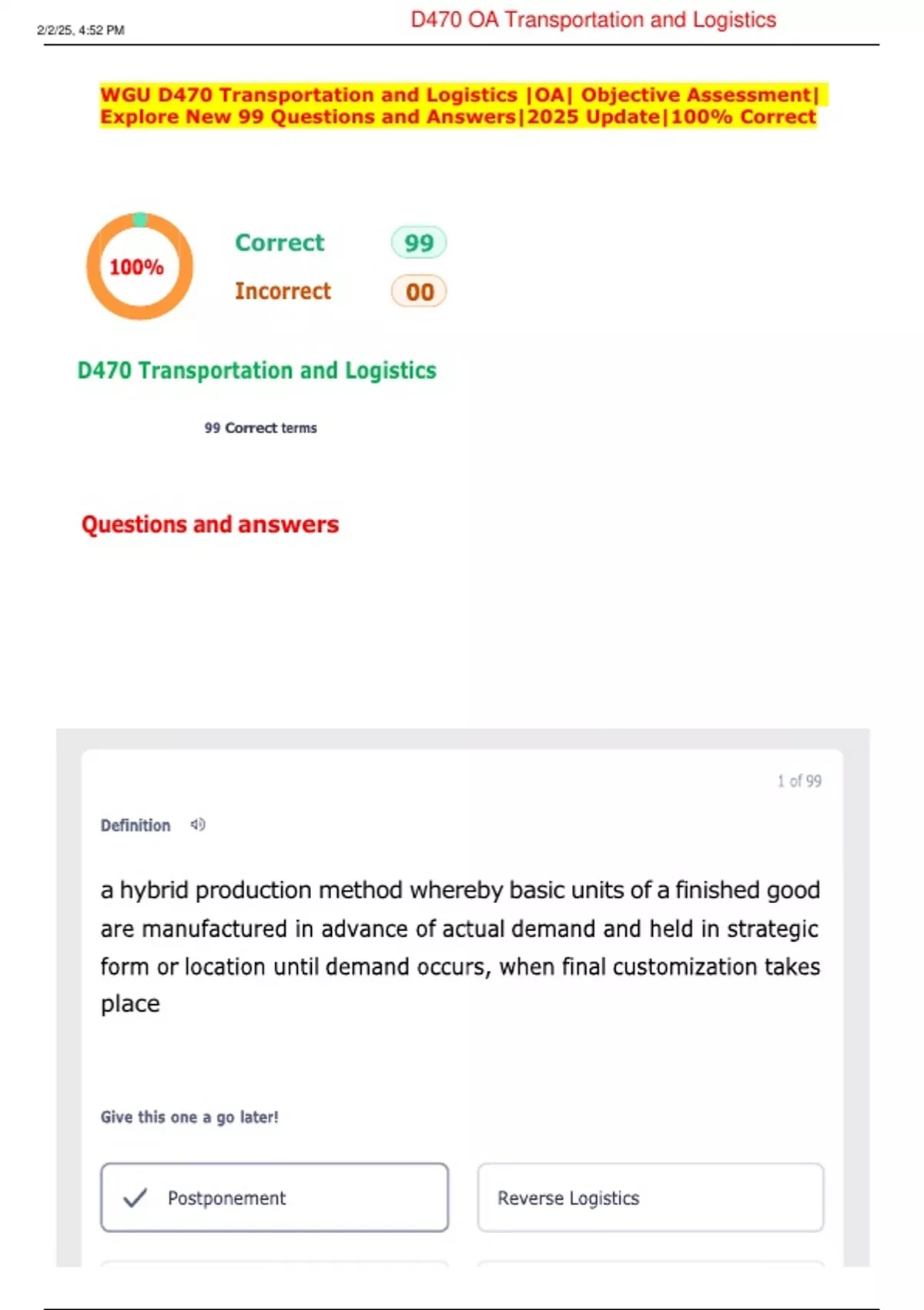 WGU D470 Transportation and Logistics |OA| Objective Assessment| Explore New 99 Questions and ...