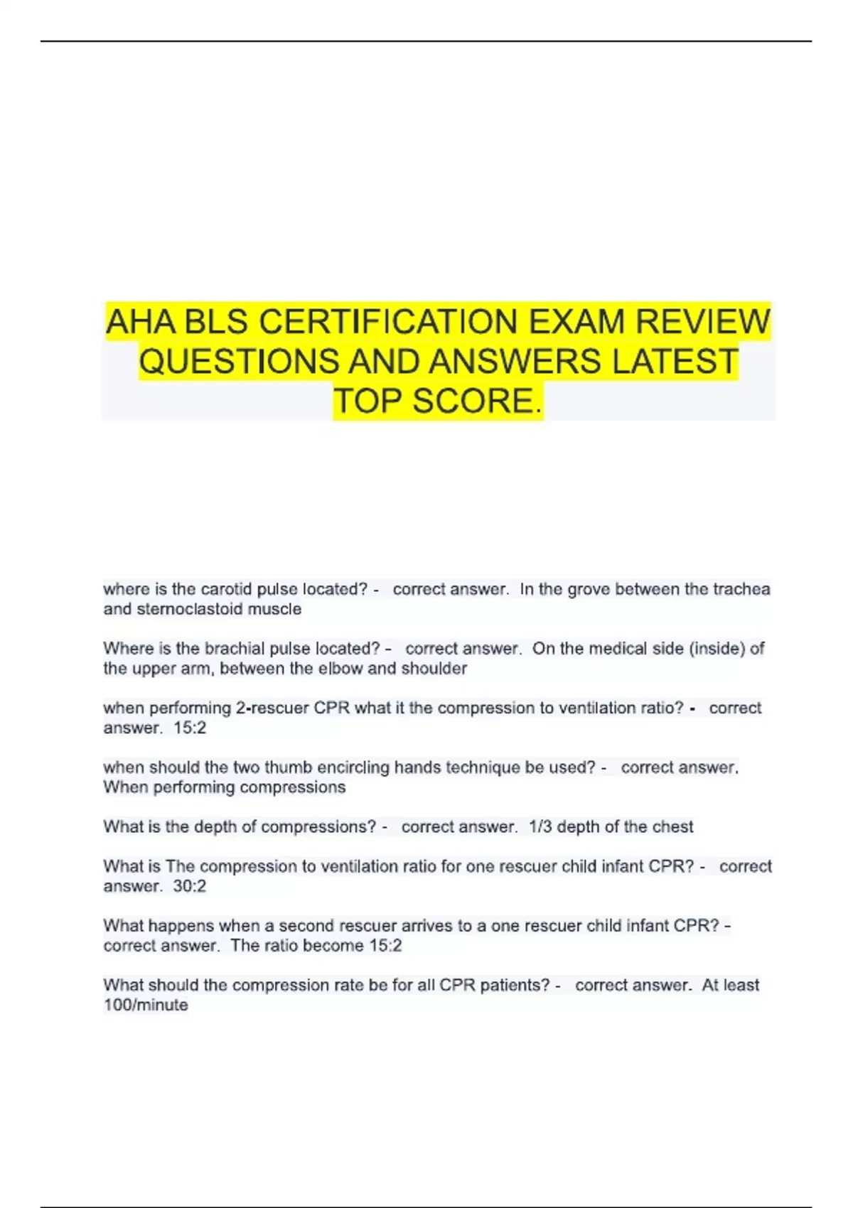 AHA BLS Study Guide questions and answers 100% verified./2025 - Stuvia US