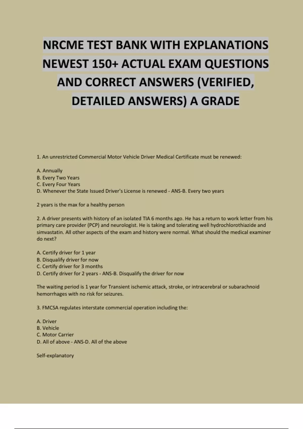 NRCME TEST BANK WITH EXPLANATIONS NEWEST 150+ ACTUAL EXAM QUESTIONS AND ...