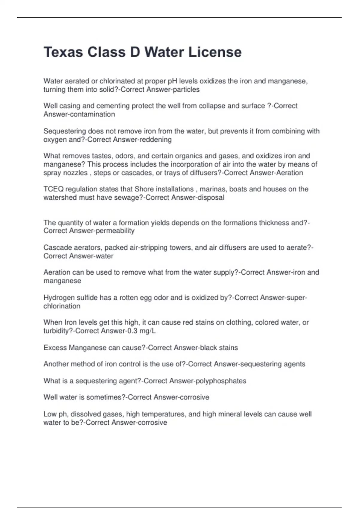 Texas Class D Water License Questions With Correct Solutions. - Texas ...