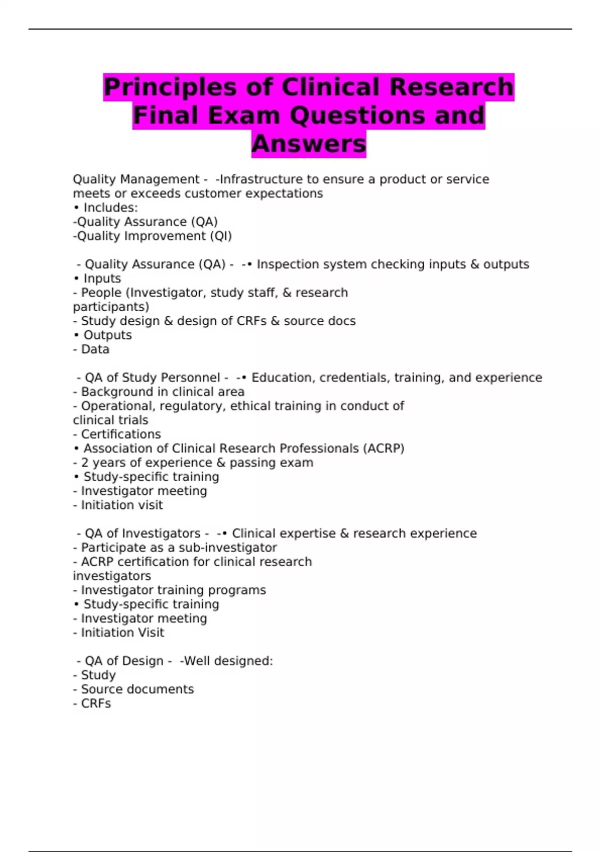 Principles of Clinical Research Final Exam Questions and Answers ...