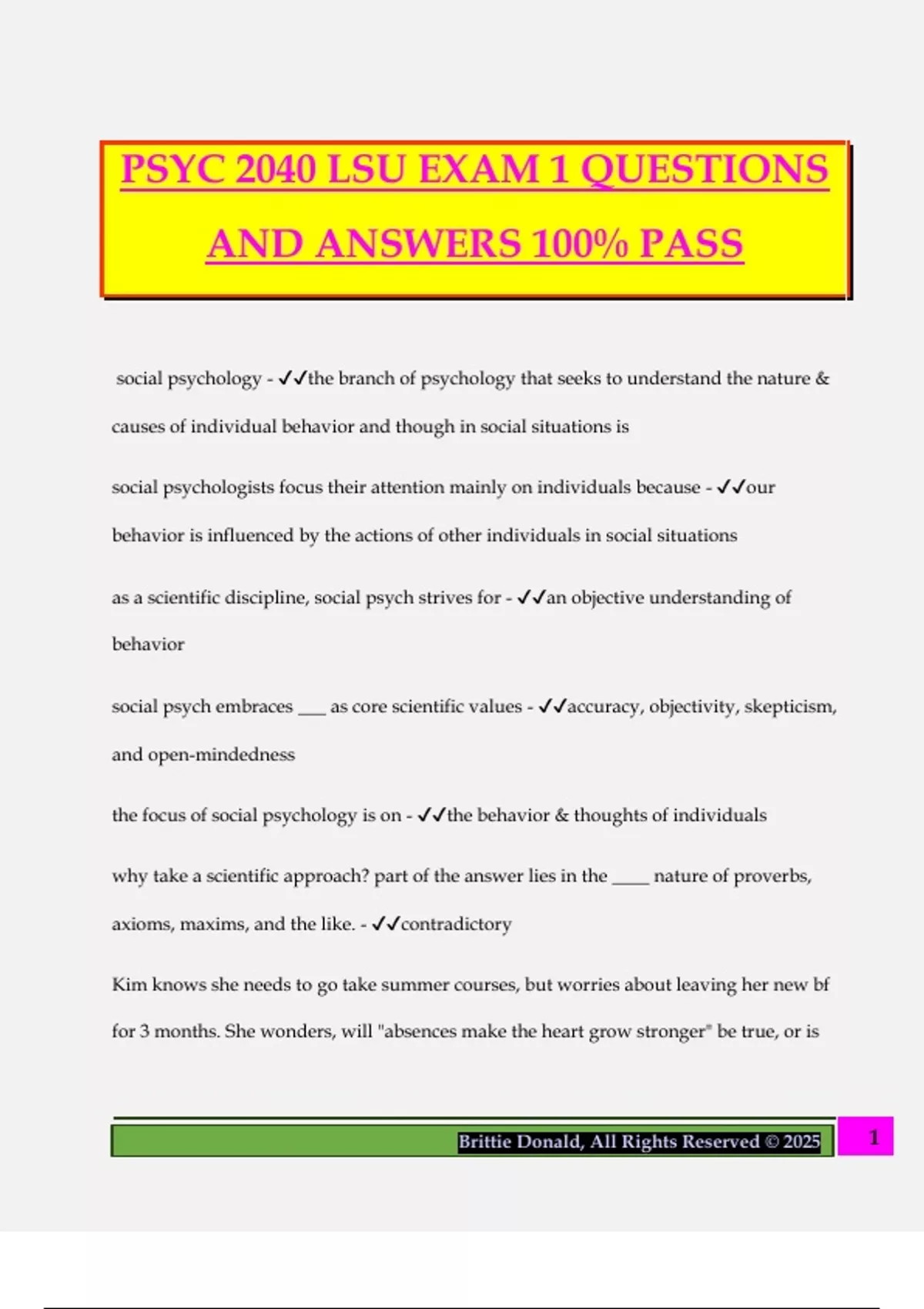 PSYC 2040 LSU EXAM 1 QUESTIONS AND ANSWERS 100% PASS - PSYC 2040 - Stuvia US