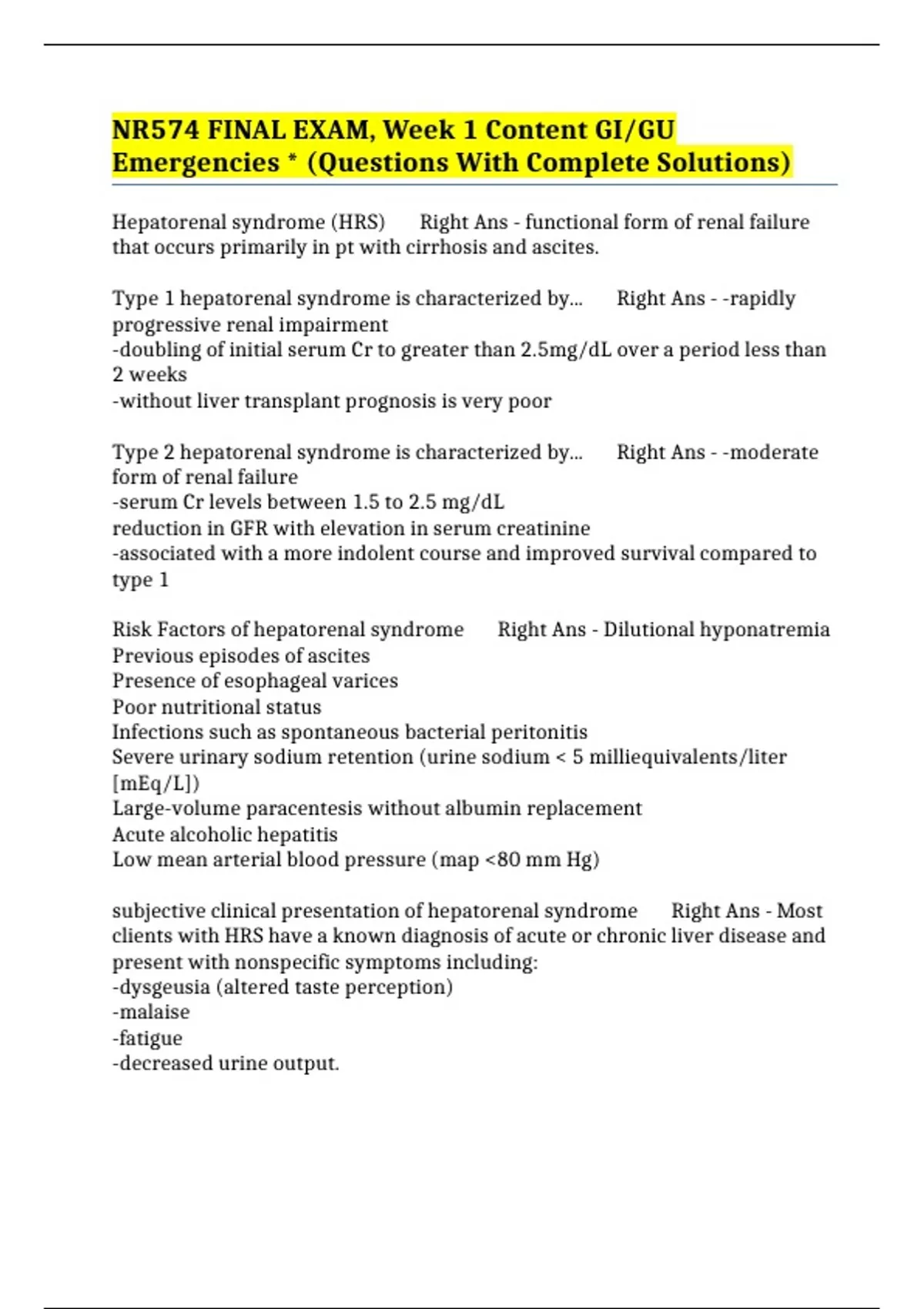 NR574 FINAL EXAM, Week 1 Content GI/GU Emergencies * (Questions With ...