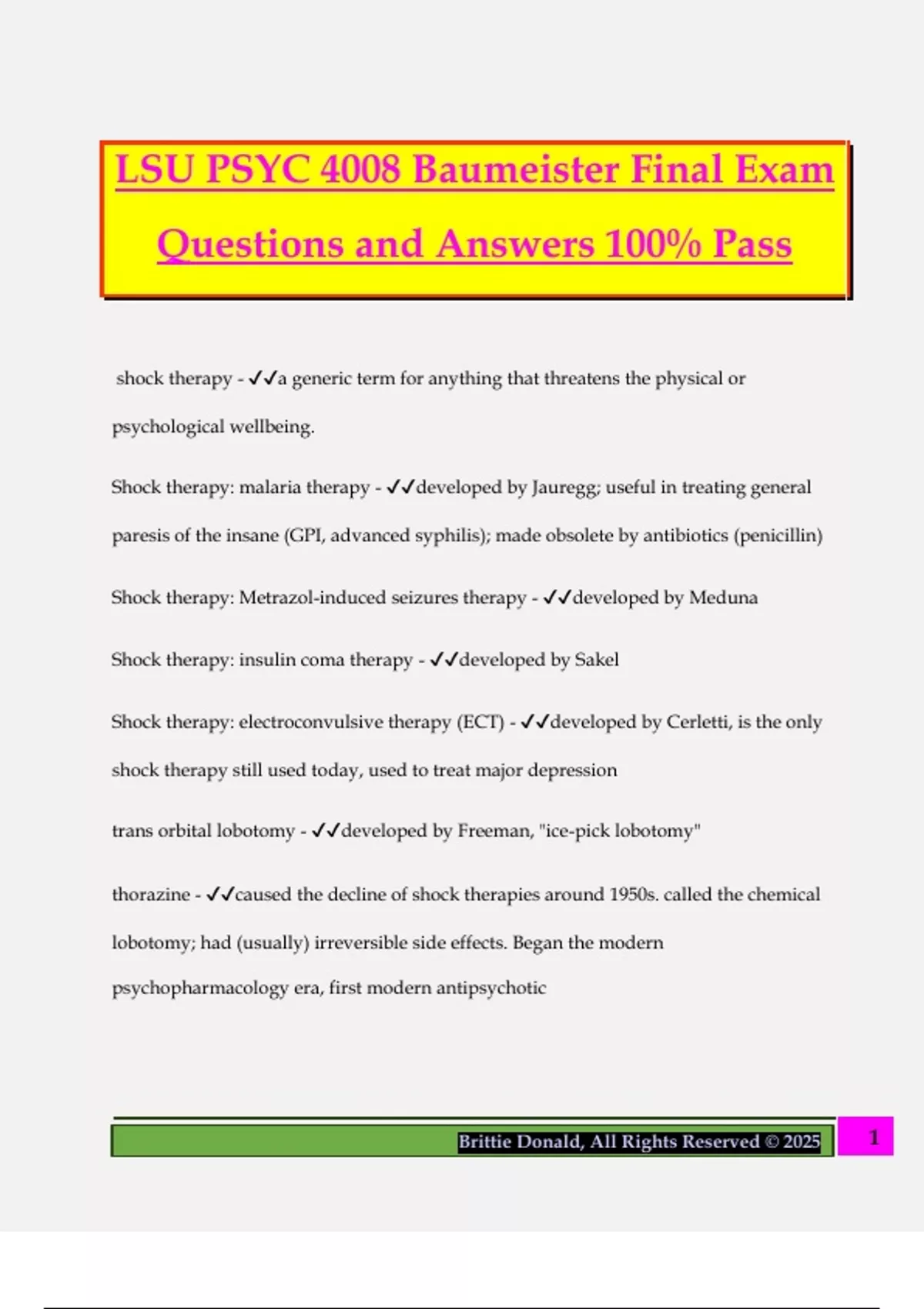 LSU PSYC 4008 Baumeister Final Exam Questions and Answers 100% Pass ...