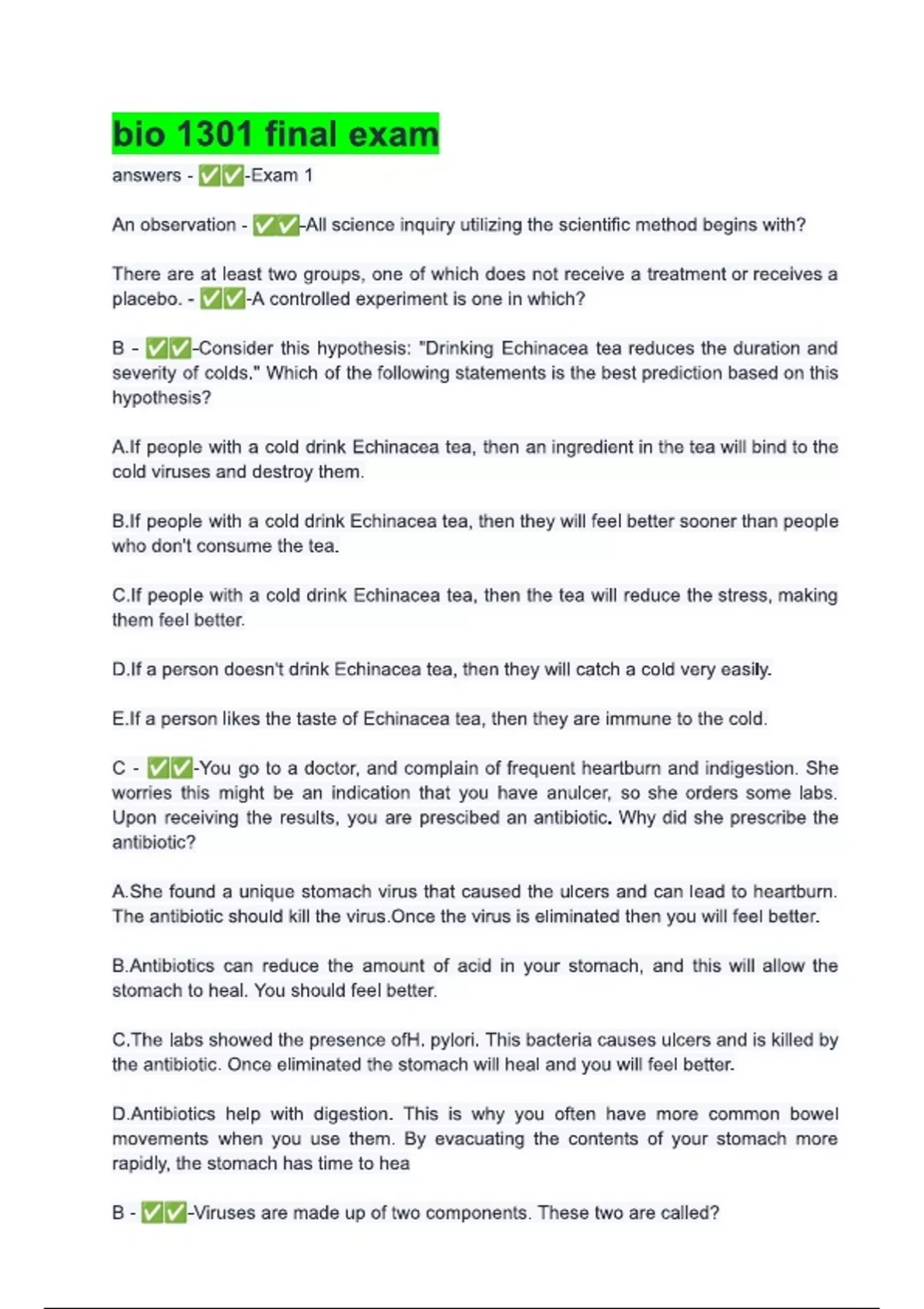 bio 1301 final exam Review Questions and Answers Solved 100- Correct - Biology - Stuvia US