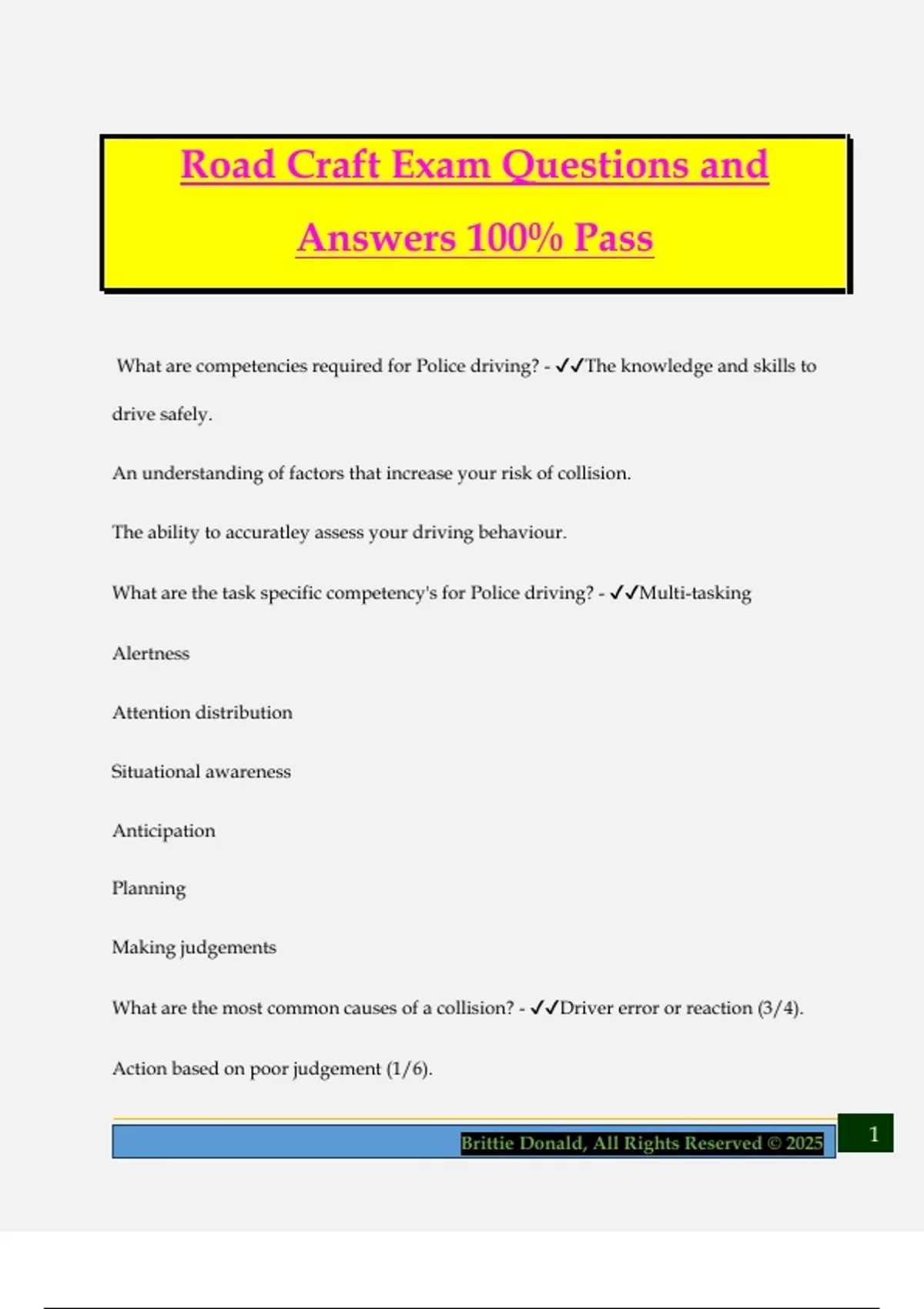 Road Craft Exam Questions and Answers 100% Pass - Roadcraft - Stuvia US
