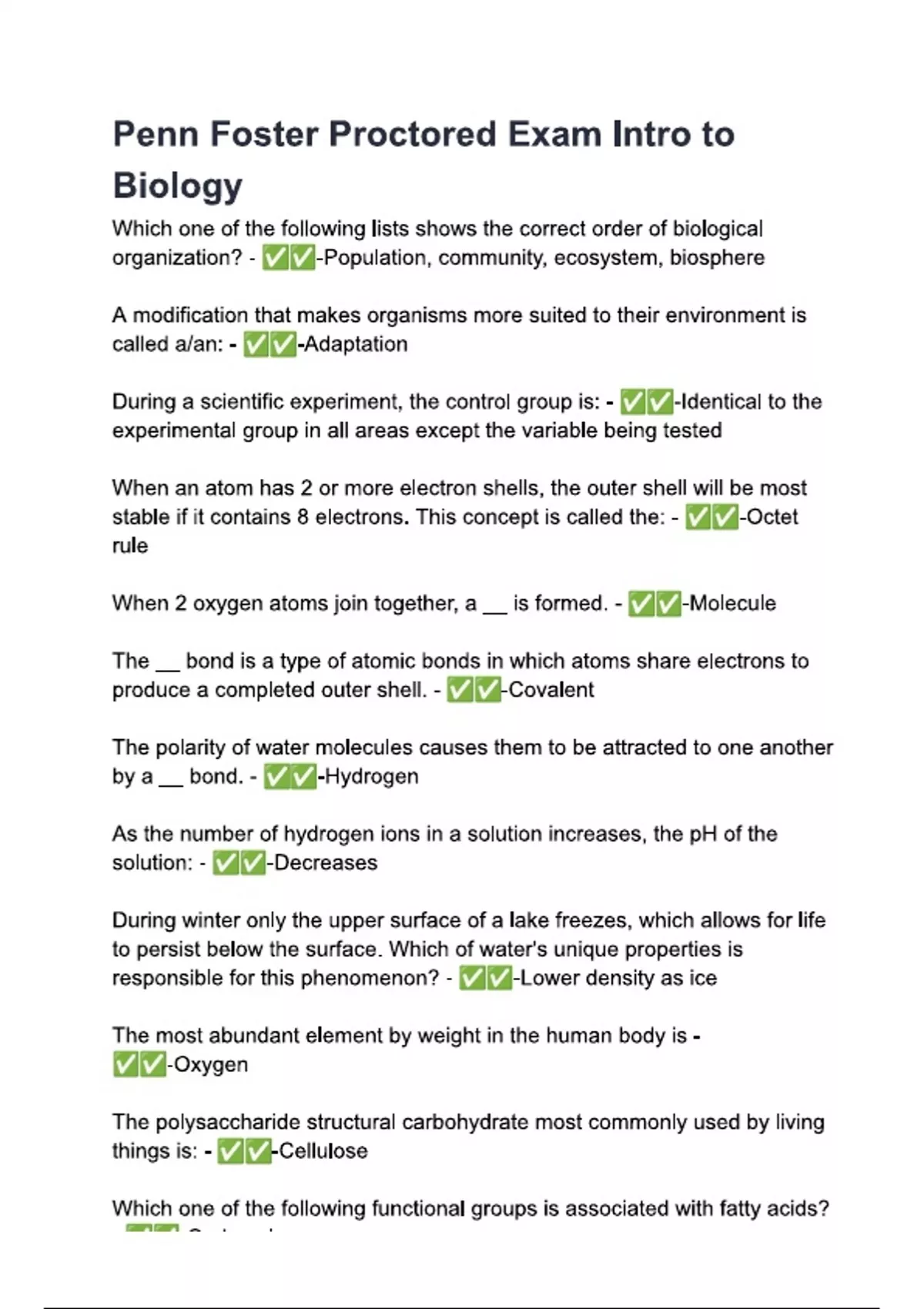 Penn Foster Proctored Exam Intro to Biology Exam Questions and Answers ...