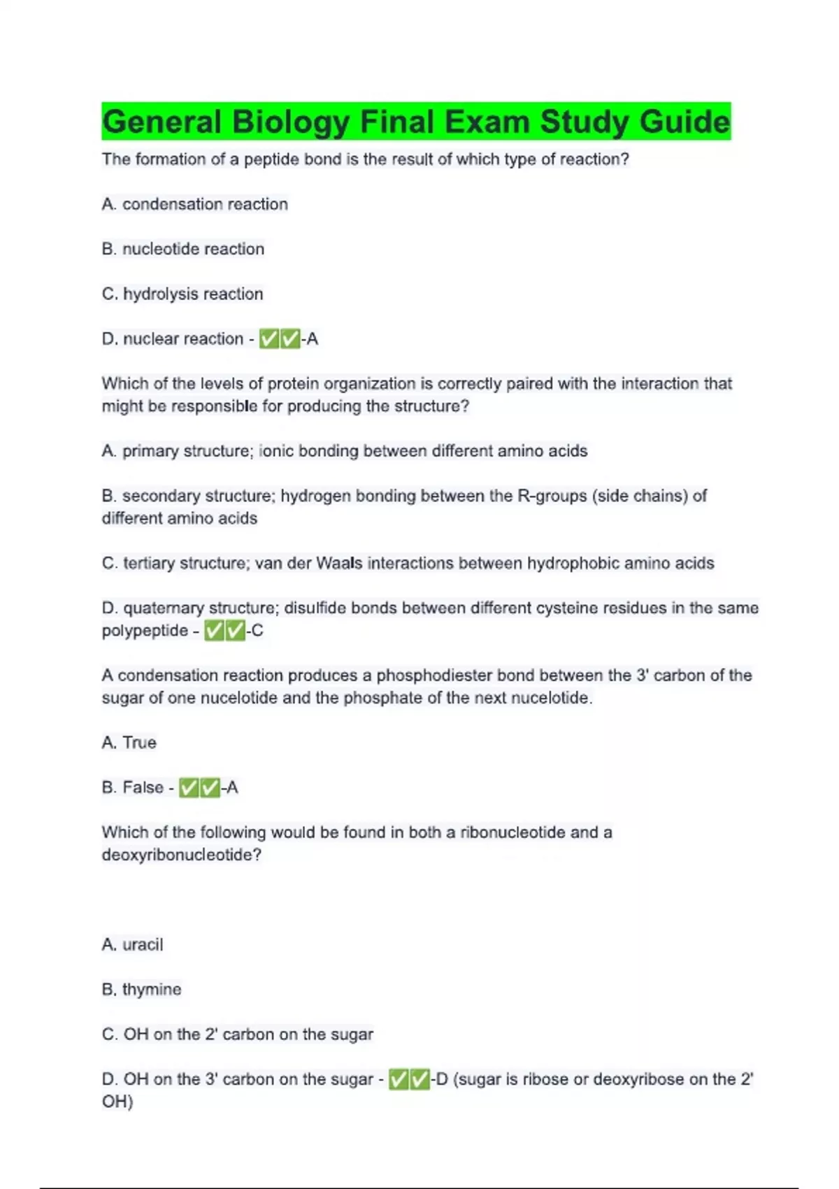 General Biology Final Exam Study Guide Updated 2025 Questions with 100% Correct Answers ...