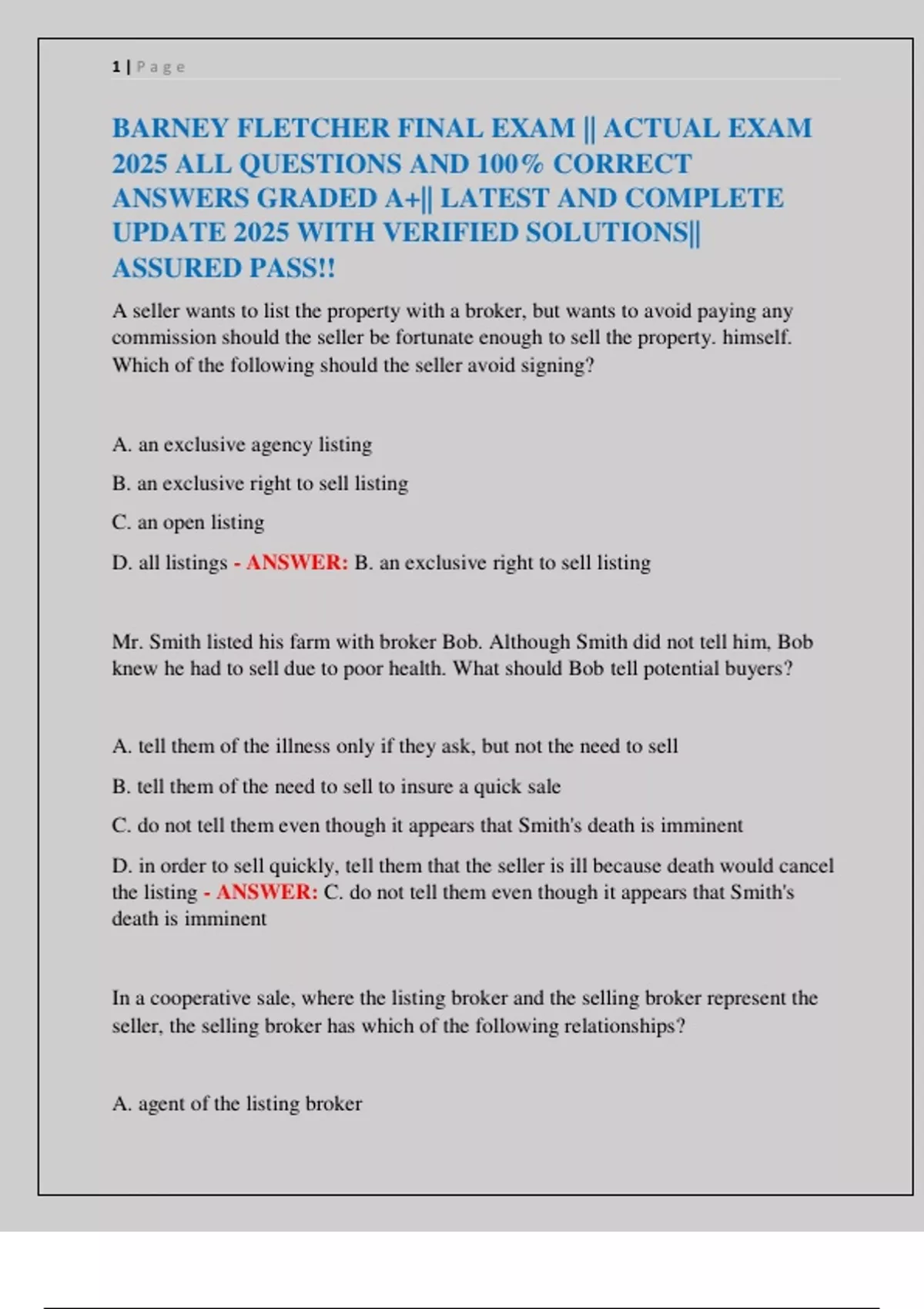 BARNEY FLETCHER FINAL EXAM || ACTUAL EXAM 2025 ALL QUESTIONS AND 100% CORRECT ANSWERS GRADED A+ ...