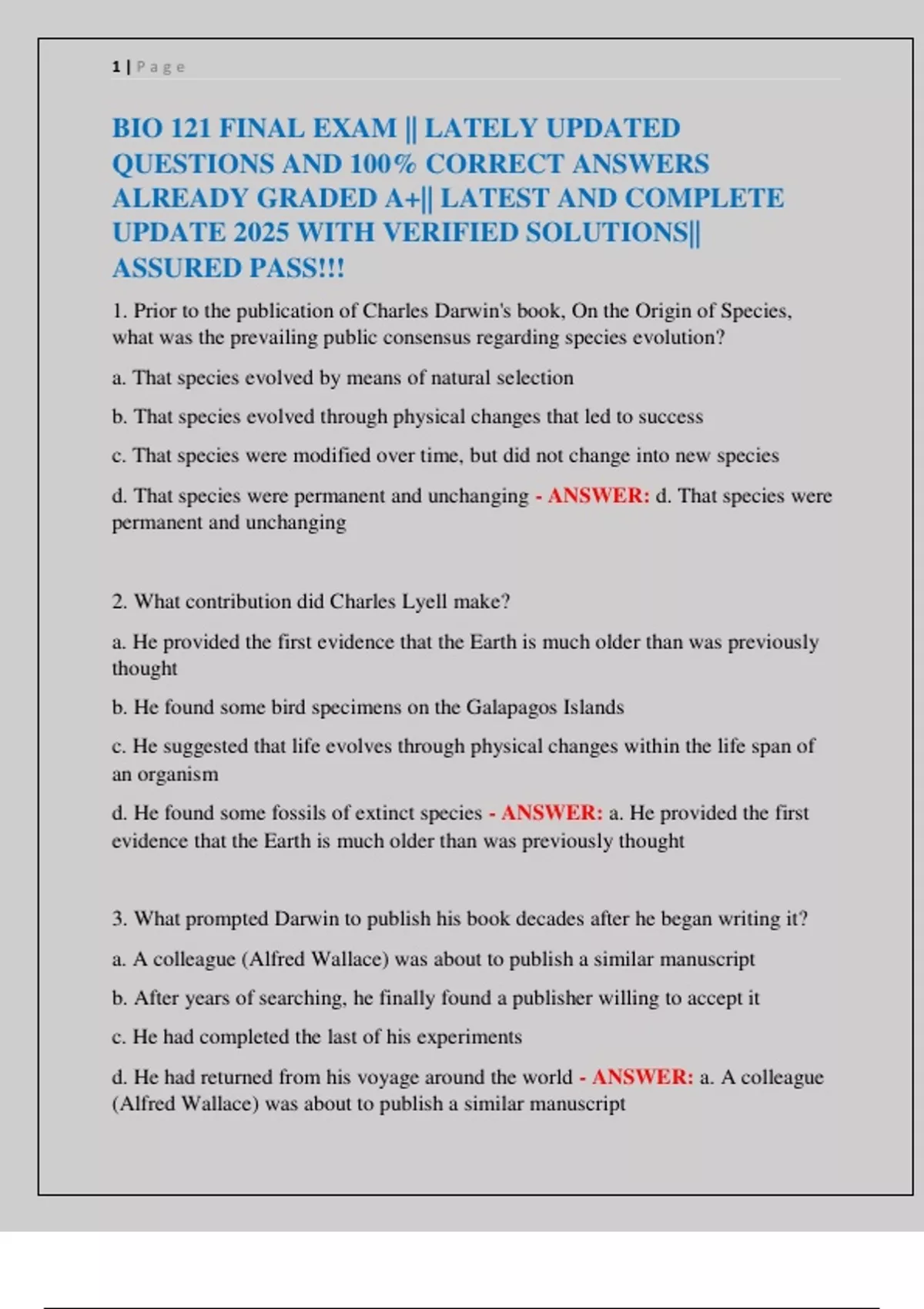 BIO 121 FINAL EXAM || LATELY UPDATED QUESTIONS AND 100% CORRECT ANSWERS ...
