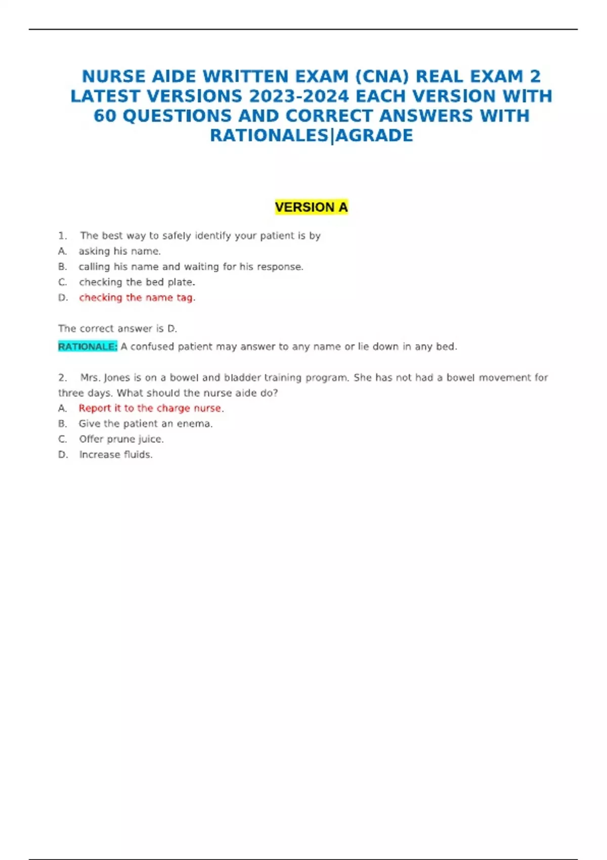 NURSE AIDE WRITTEN EXAM (CNA) REAL EXAM 2 LATEST VERSIONS EACH VERSION ...