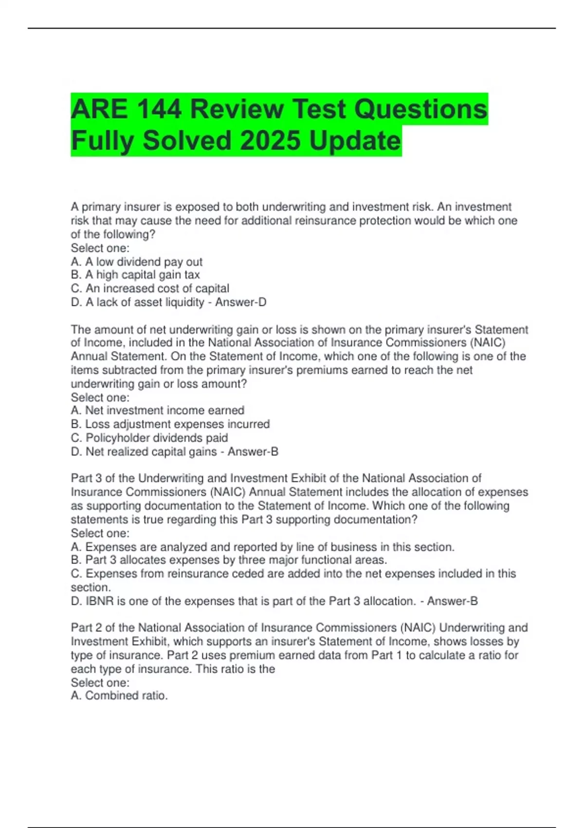 ARE 144 Review Test Questions Fully Solved 2025 Update - ARE 144 ...