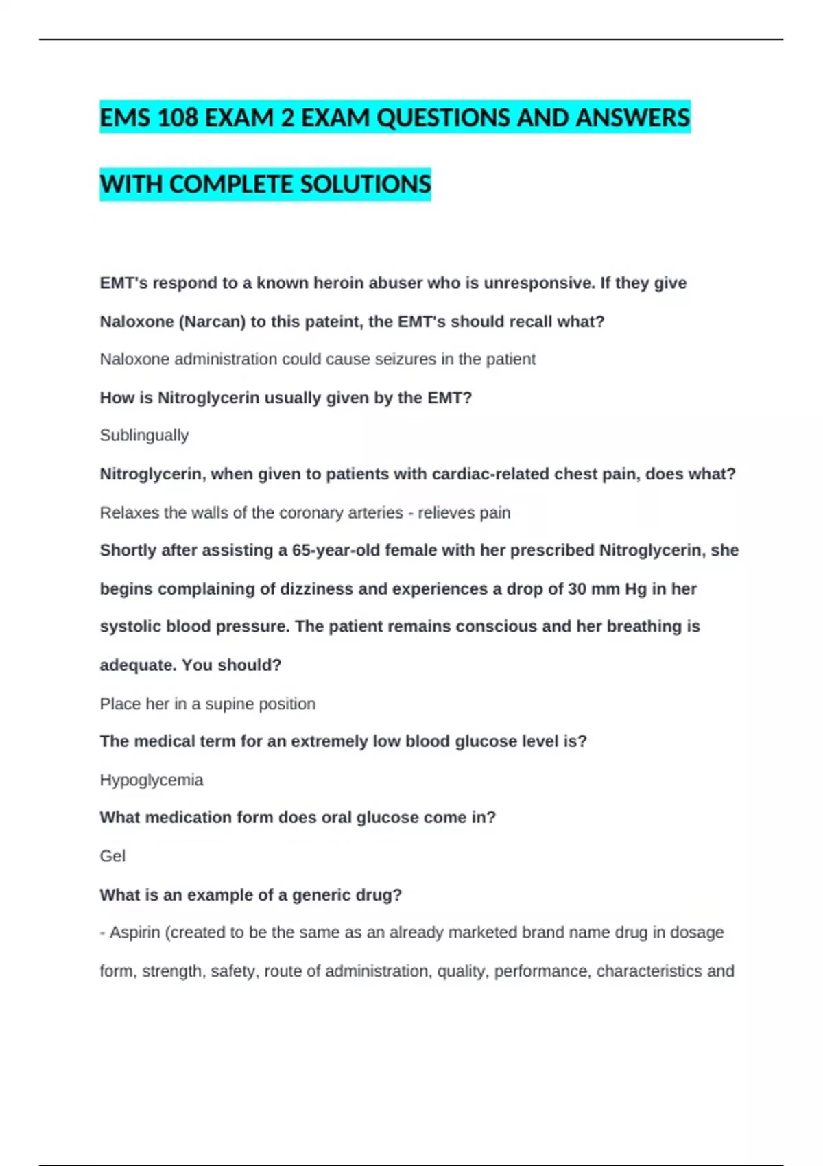 EMS 108 EXAM 2 EXAM QUESTIONS AND ANSWERS WITH COMPLETE SOLUTIONS - EMS ...