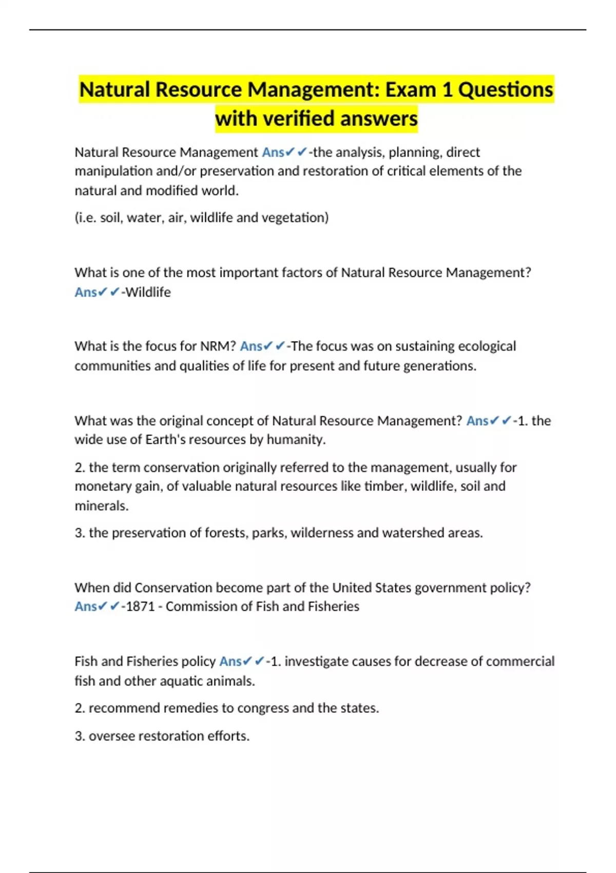 Natural Resource Management: Exam 1 Questions with verified answers ...