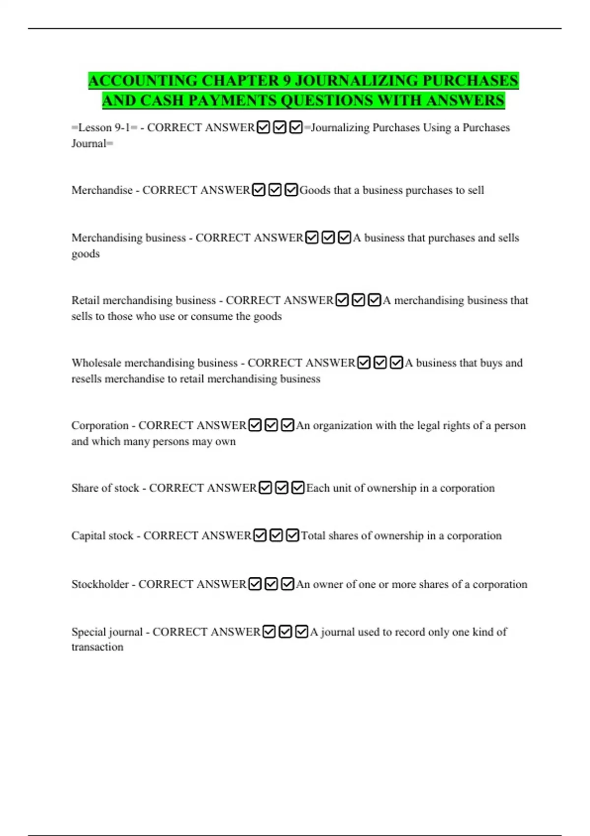 ACCOUNTING CHAPTER 9 JOURNALIZING PURCHASES AND CASH PAYMENTS QUESTIONS ...