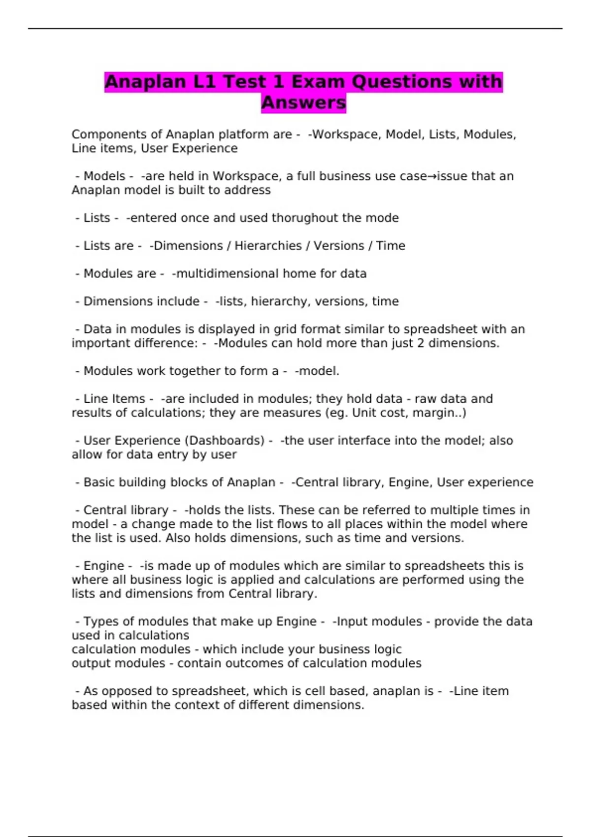 Anaplan L1 Test 1 Exam Questions with Answers - Anaplan L1 - Stuvia US