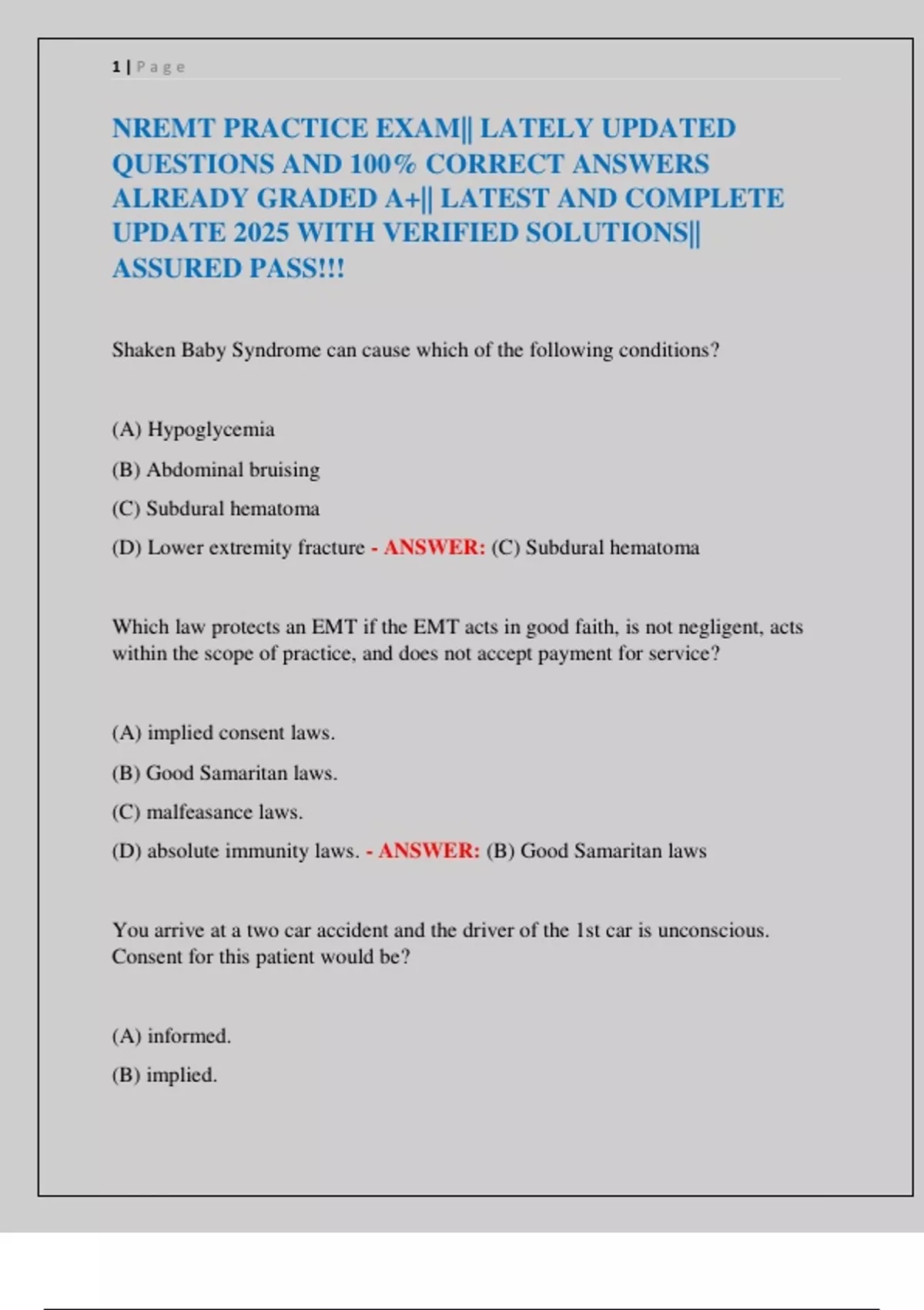 NREMT PRACTICE EXAM|| LATELY UPDATED QUESTIONS AND 100% CORRECT ANSWERS ...