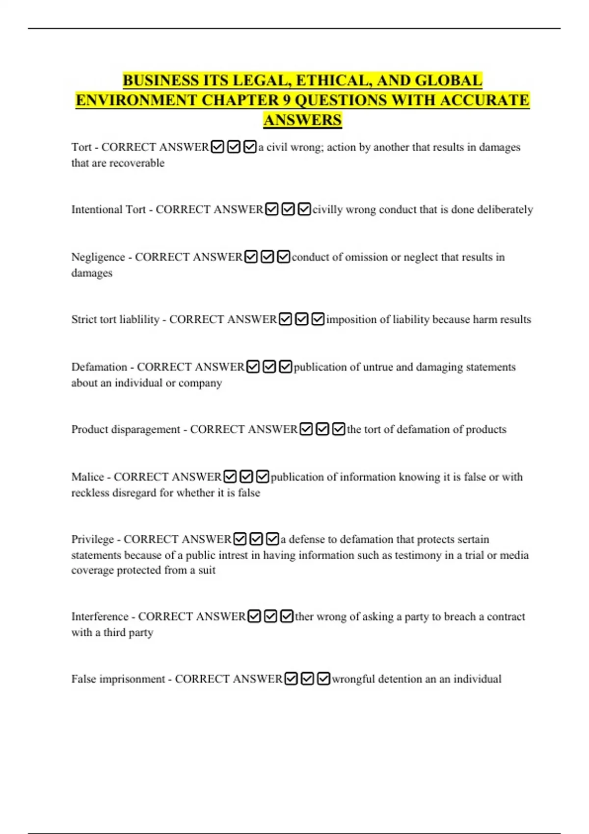 BUSINESS ITS LEGAL, ETHICAL, AND GLOBAL ENVIRONMENT CHAPTER 9 QUESTIONS ...