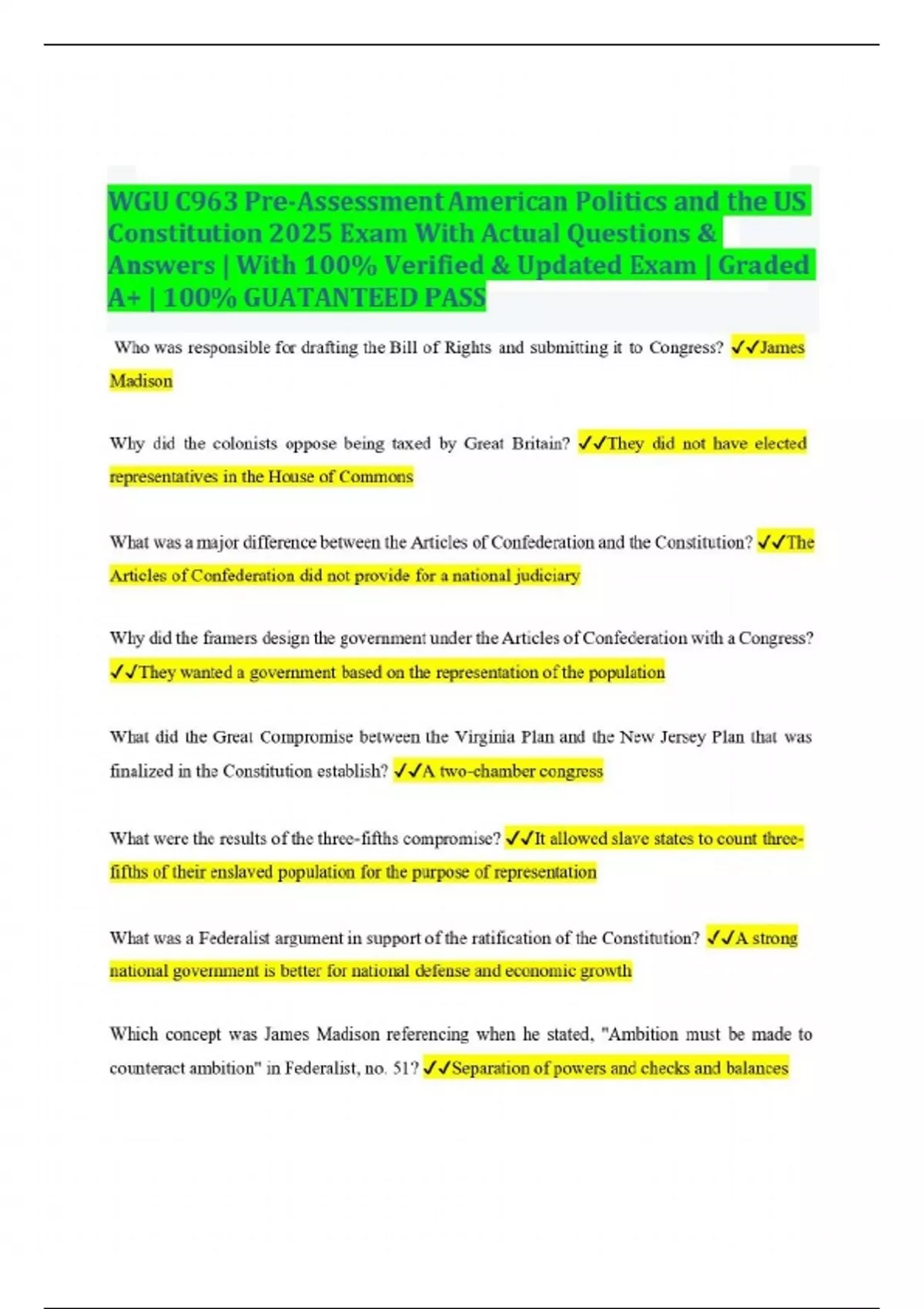 WGU C963 Pre-AssessmentAmerican Politics and the US Constitution 2025 ...