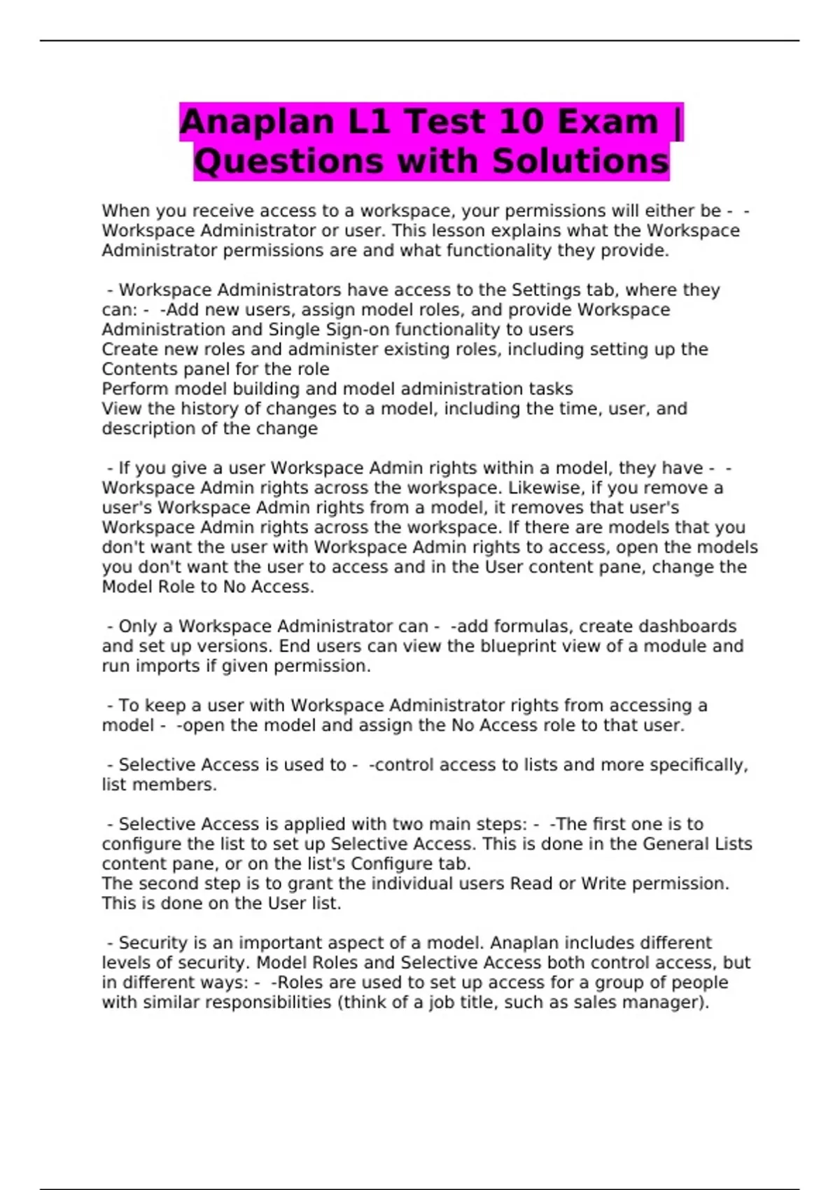 Anaplan L1 Test 10 Exam |Questions with Solutions - Anaplan L1 - Stuvia US