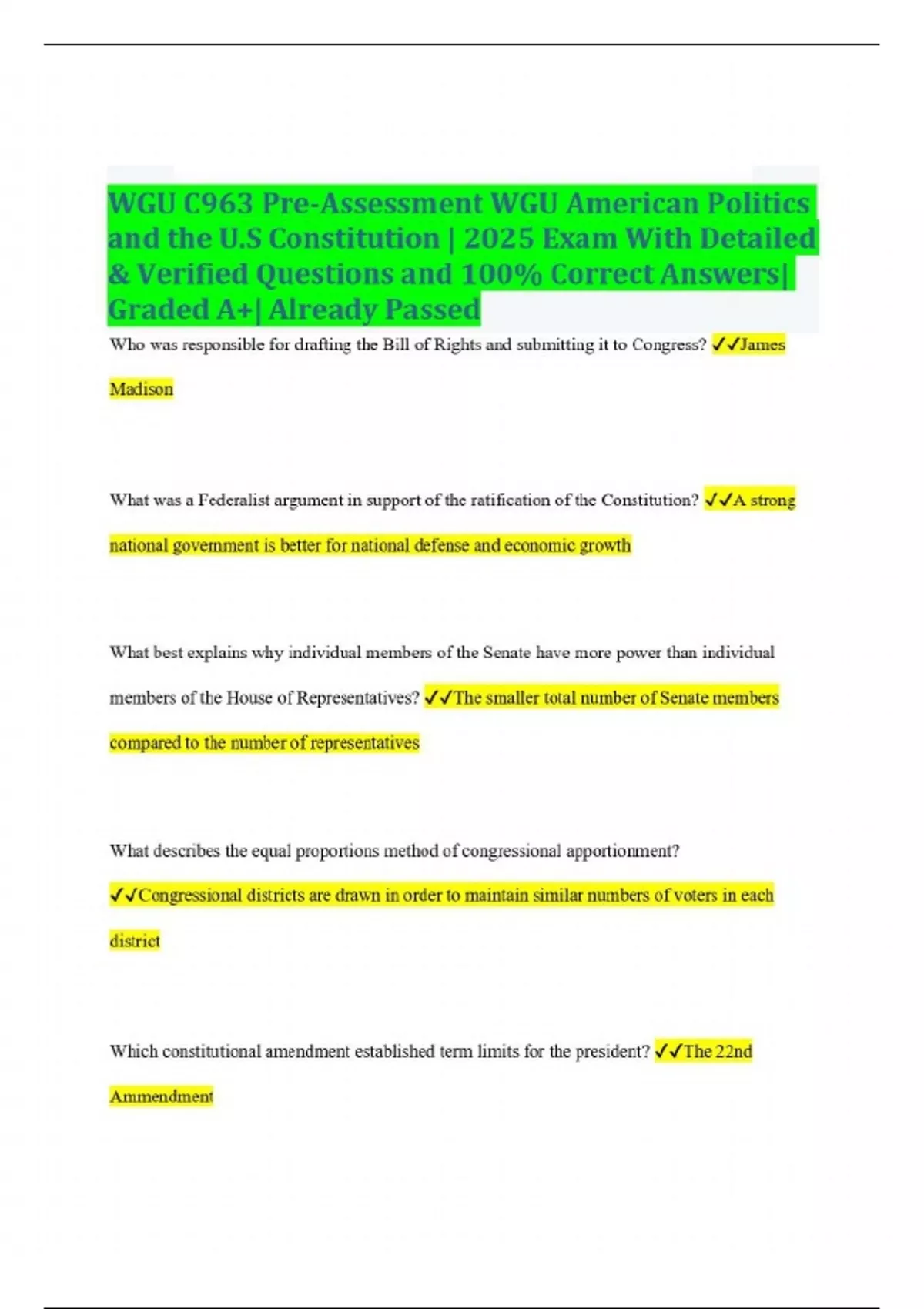 WGU C963 Pre-Assessment WGU American Politics and the U.S Constitution ...