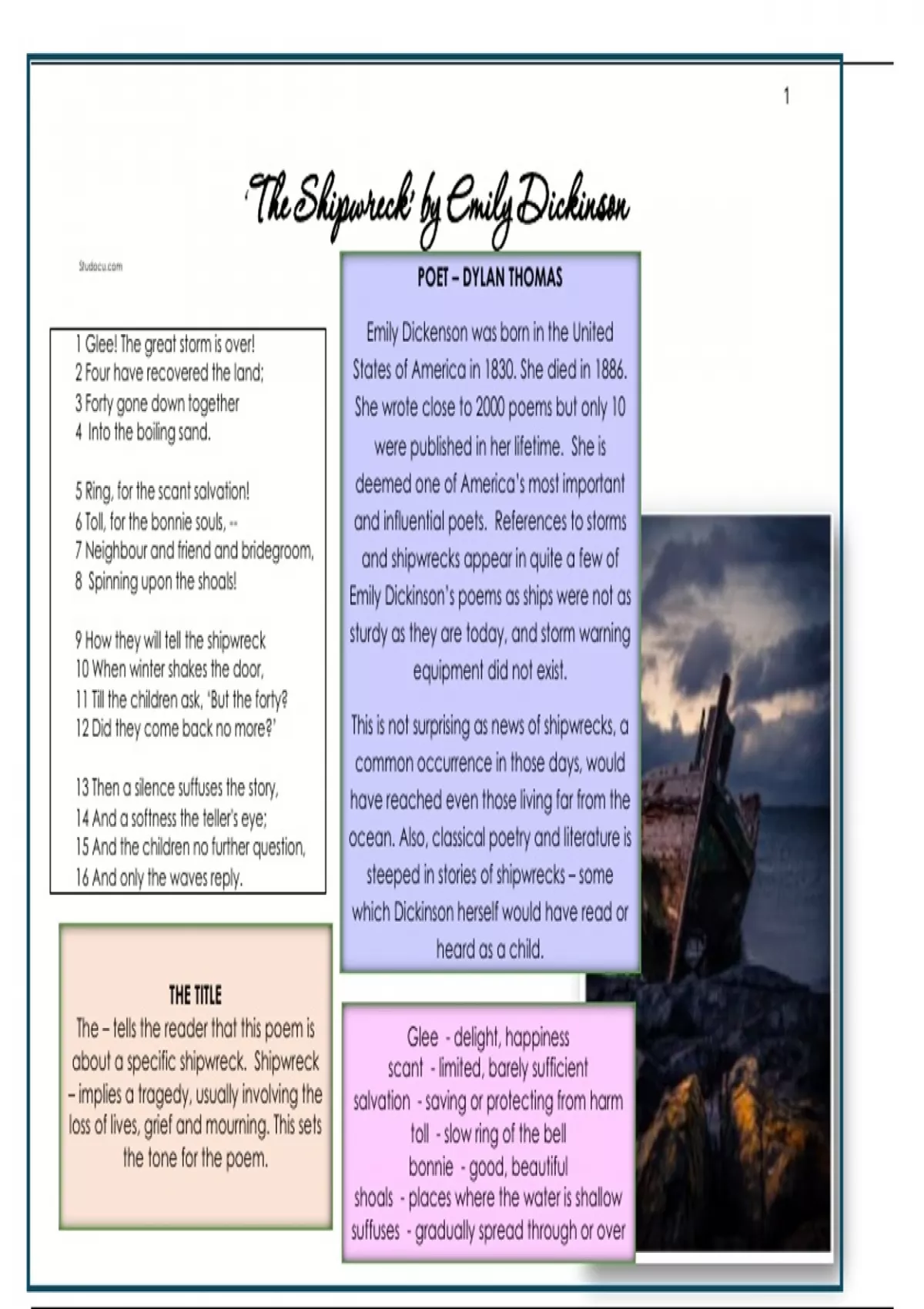 The Shipwreck’ by Emily Dickinson. A detailed and well constructed ...