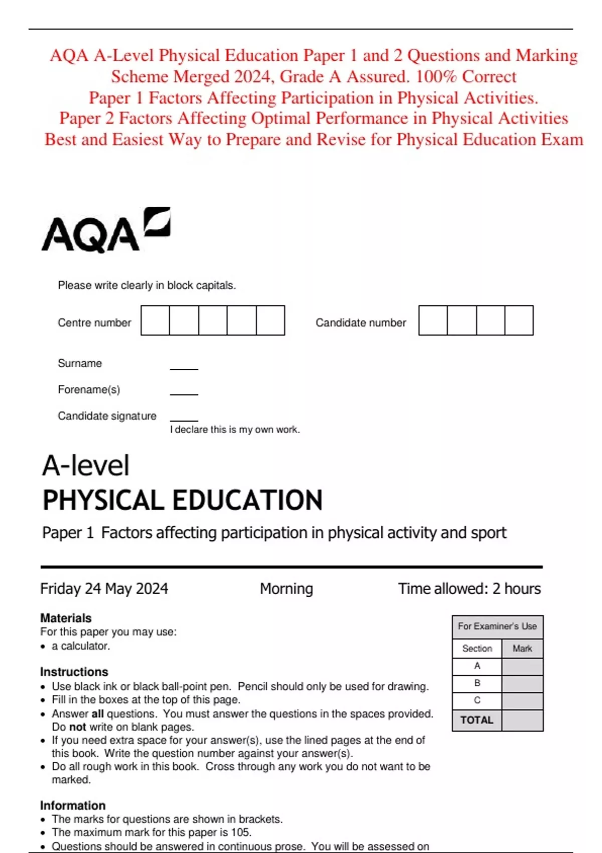 AQA A-Level Physical Education Paper 1 and 2 Questions and Marking ...