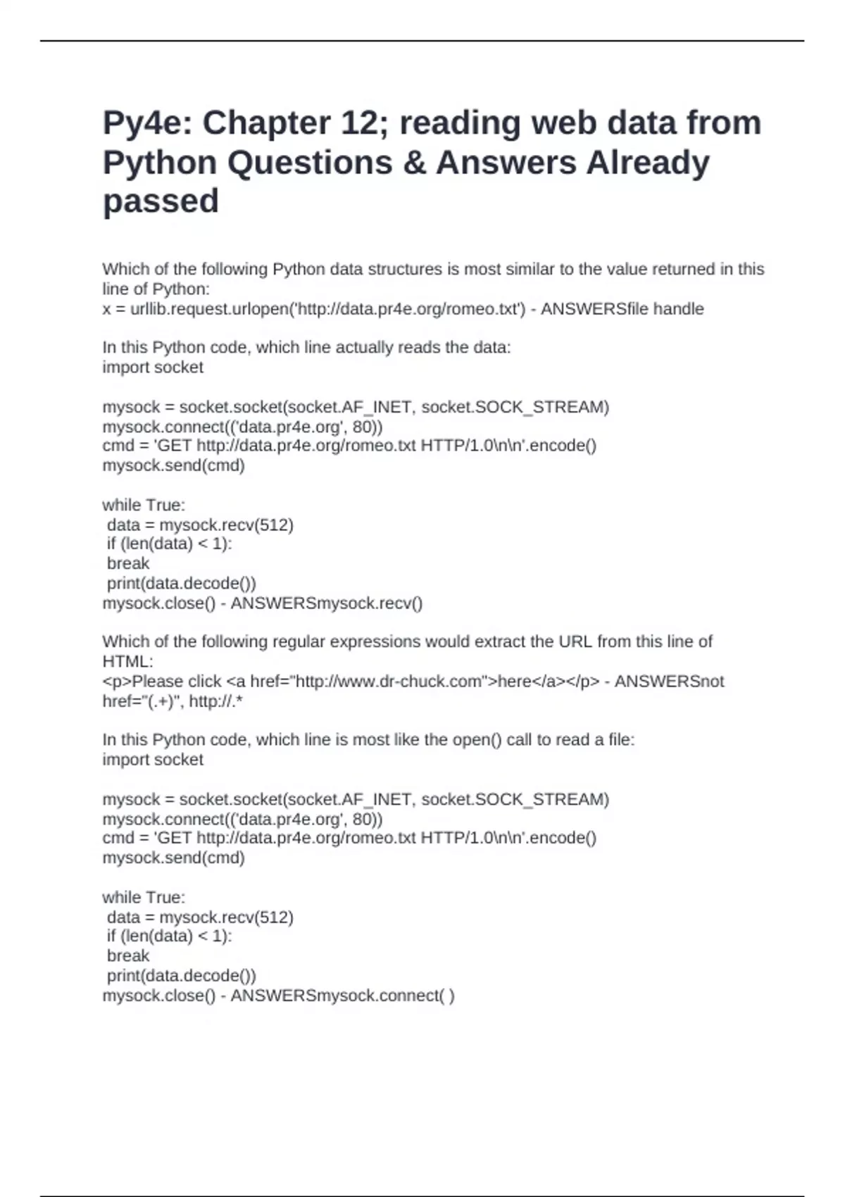 Py4e: Chapter 12; reading web data from Python Questions & Answers Already passed - Py4e ...