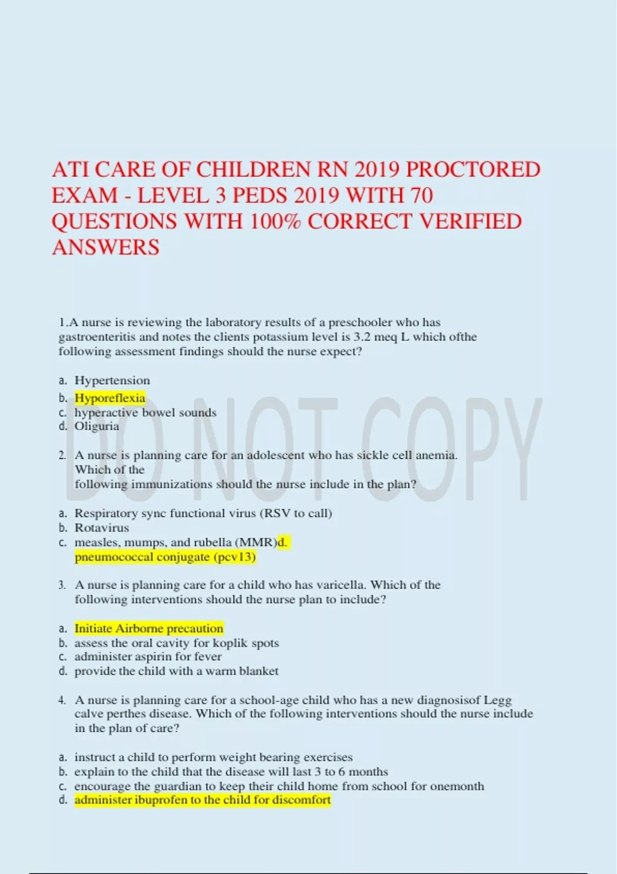 ATI CARE OF CHILDREN RN 2019 PROCTORED EXAM - LEVEL 3 PEDS 2019 WITH 70 ...